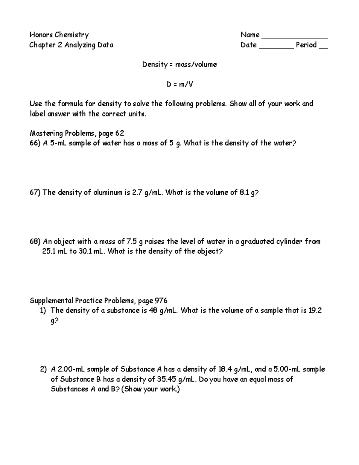 Honors chemsitry density practice mp spp - Honors Chemistry Name ...