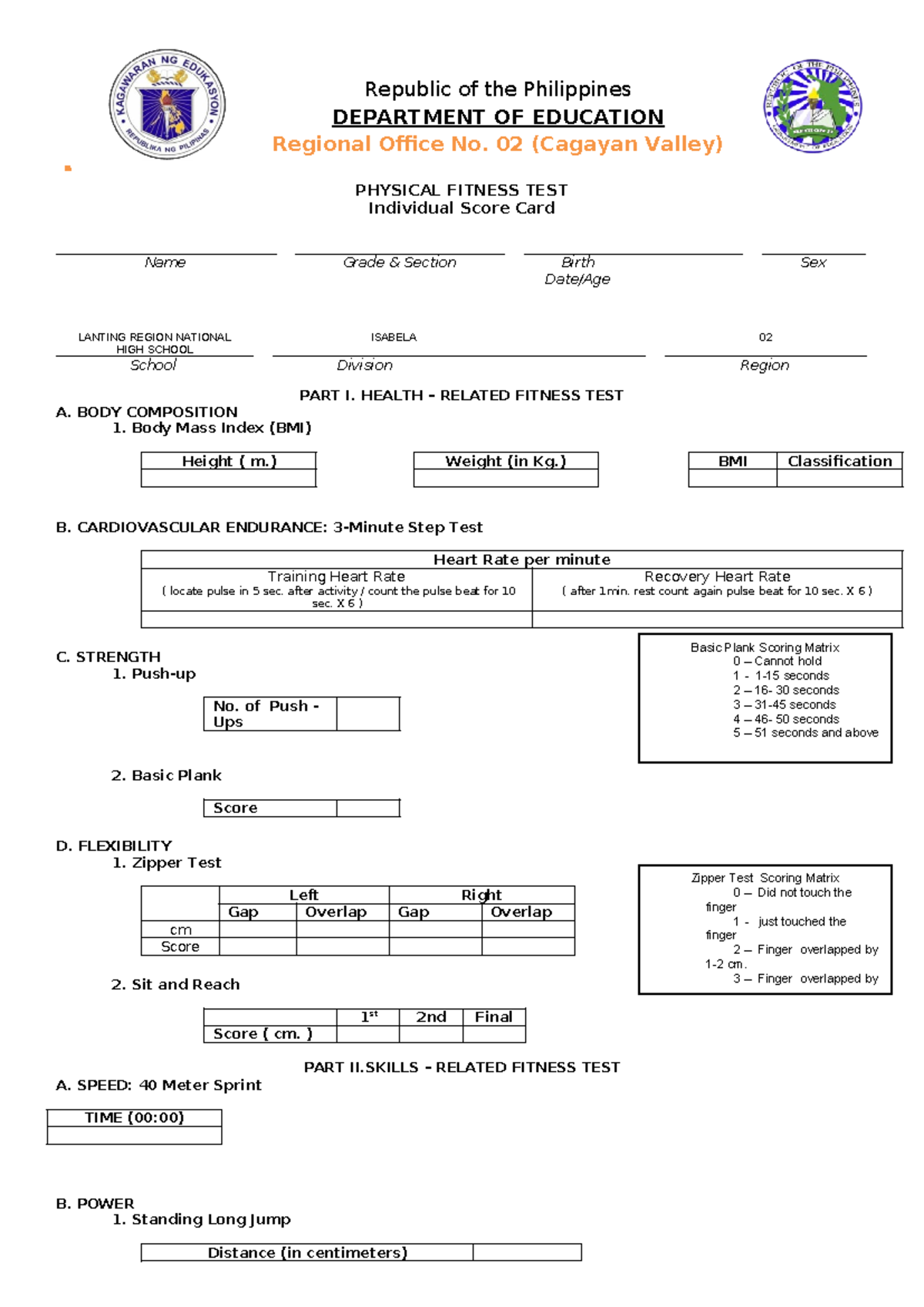 Physical Fitness Test Individual Score Card - Republic of the ...
