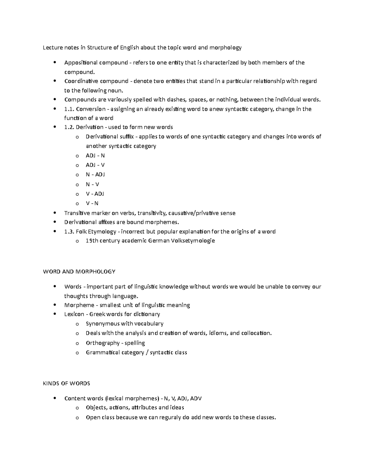 Lecture notes Word and Morphology - Lecture notes in Structure of ...