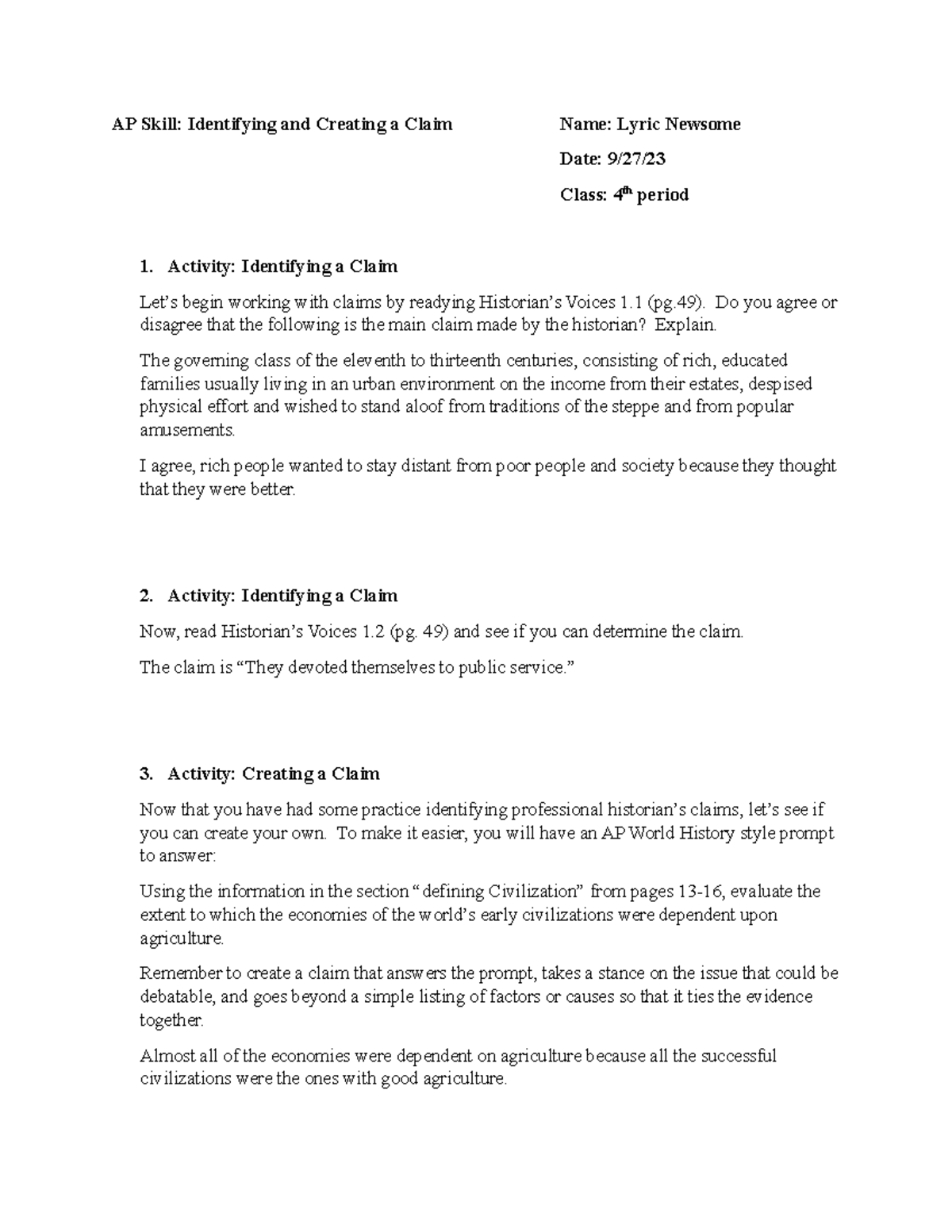 AP Skill Identifying and Creating a Claim 17 - Do you agree or disagree ...