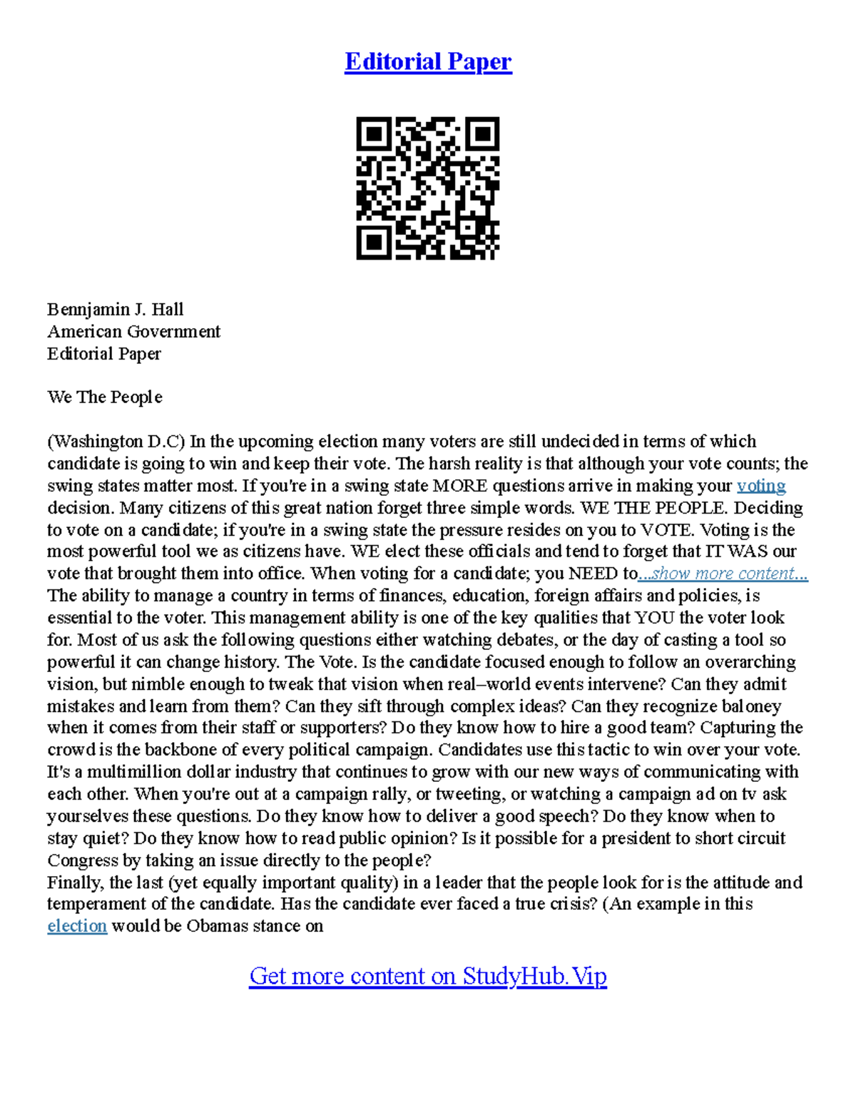 Editorial Essay - Editorial Paper Bennjamin J. Hall American Government ...