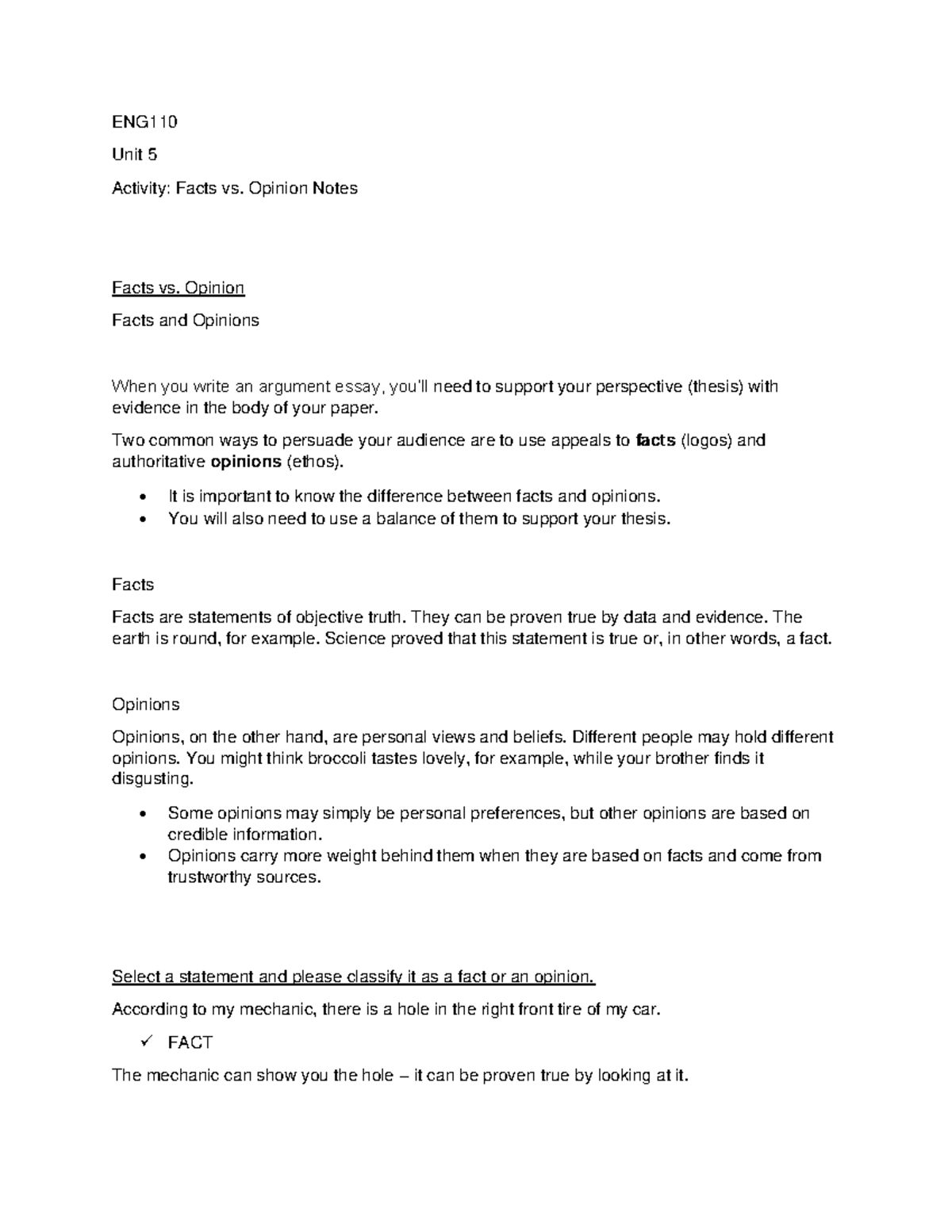 ENG110 Unit 5 Activity Facts vs Opinion Study Guide - ENG Unit 5 ...
