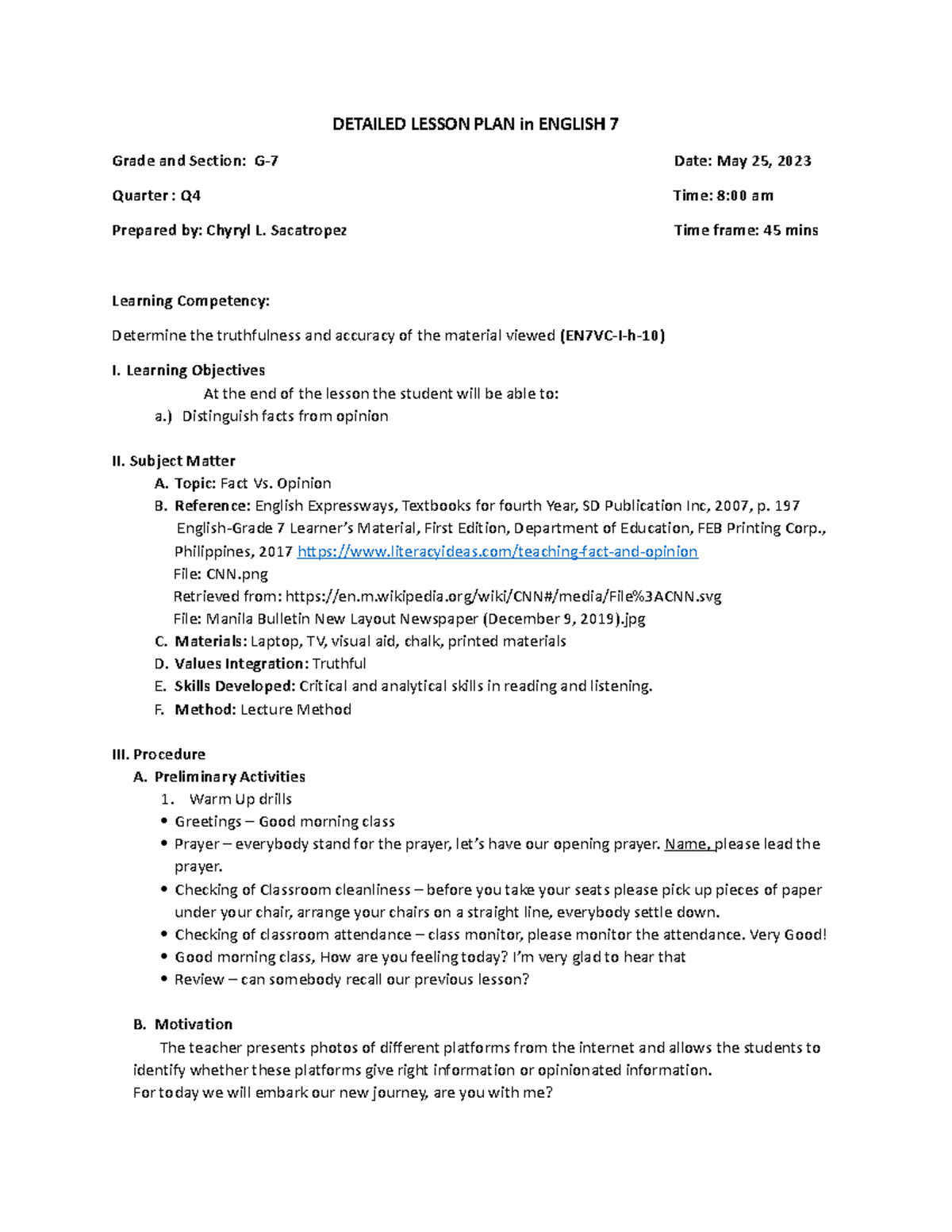 Lesson PLAN in English 7 - DETAILED LESSON PLAN in ENGLISH 7 Grade and ...