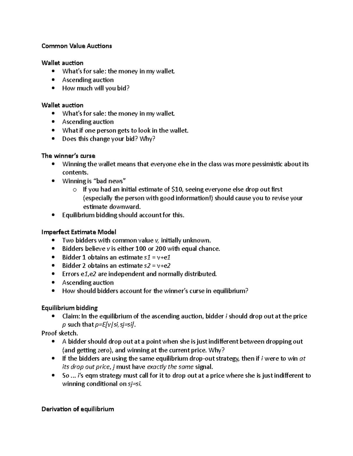 Lecture 9 Common Value Auctions - Common Value Auctions Wallet auction ...