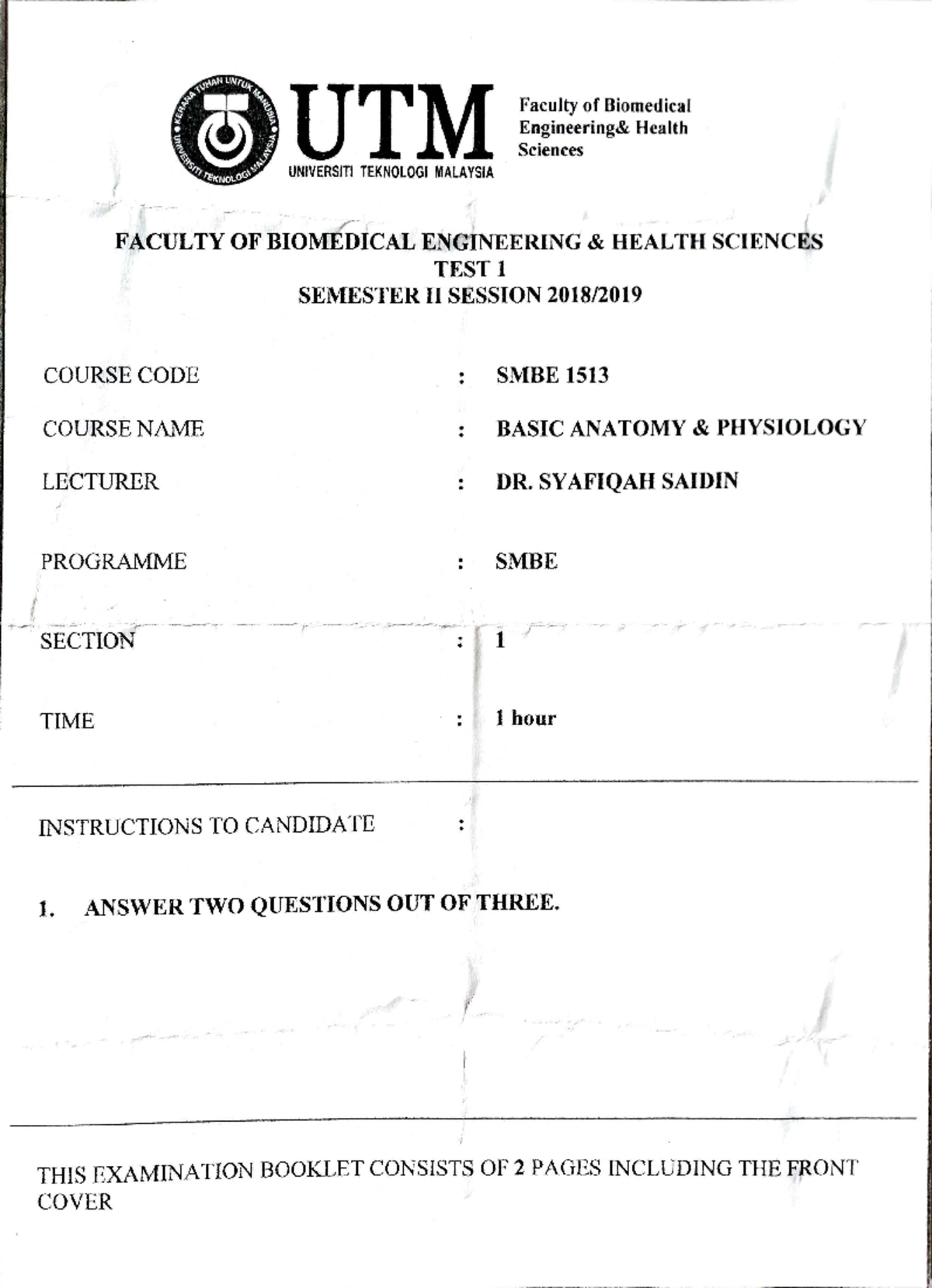 Anatomy-Test1-2018-1 utm iop - ,, t UTM UNIVERSITI TEKNOLOGI MALAYSIA ...