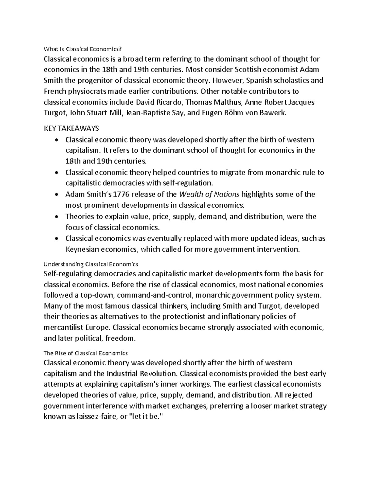 Classical Economics - Notes - What Is Classical Economics? Classical ...