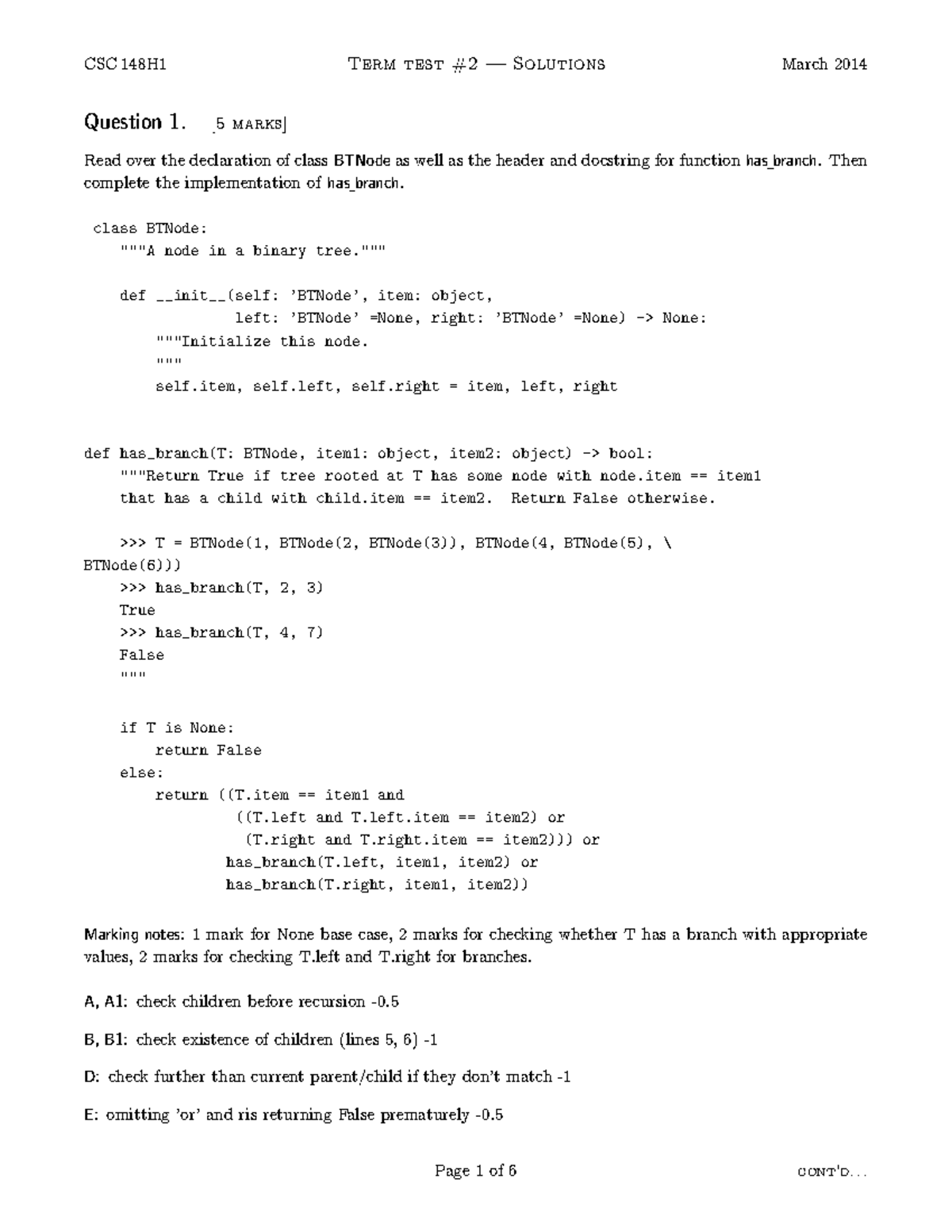 Term Test 2A csc148 - Question 1. ♠ r s ♦ r t r t ♦♥ ♦ ss BTNode s s t ...