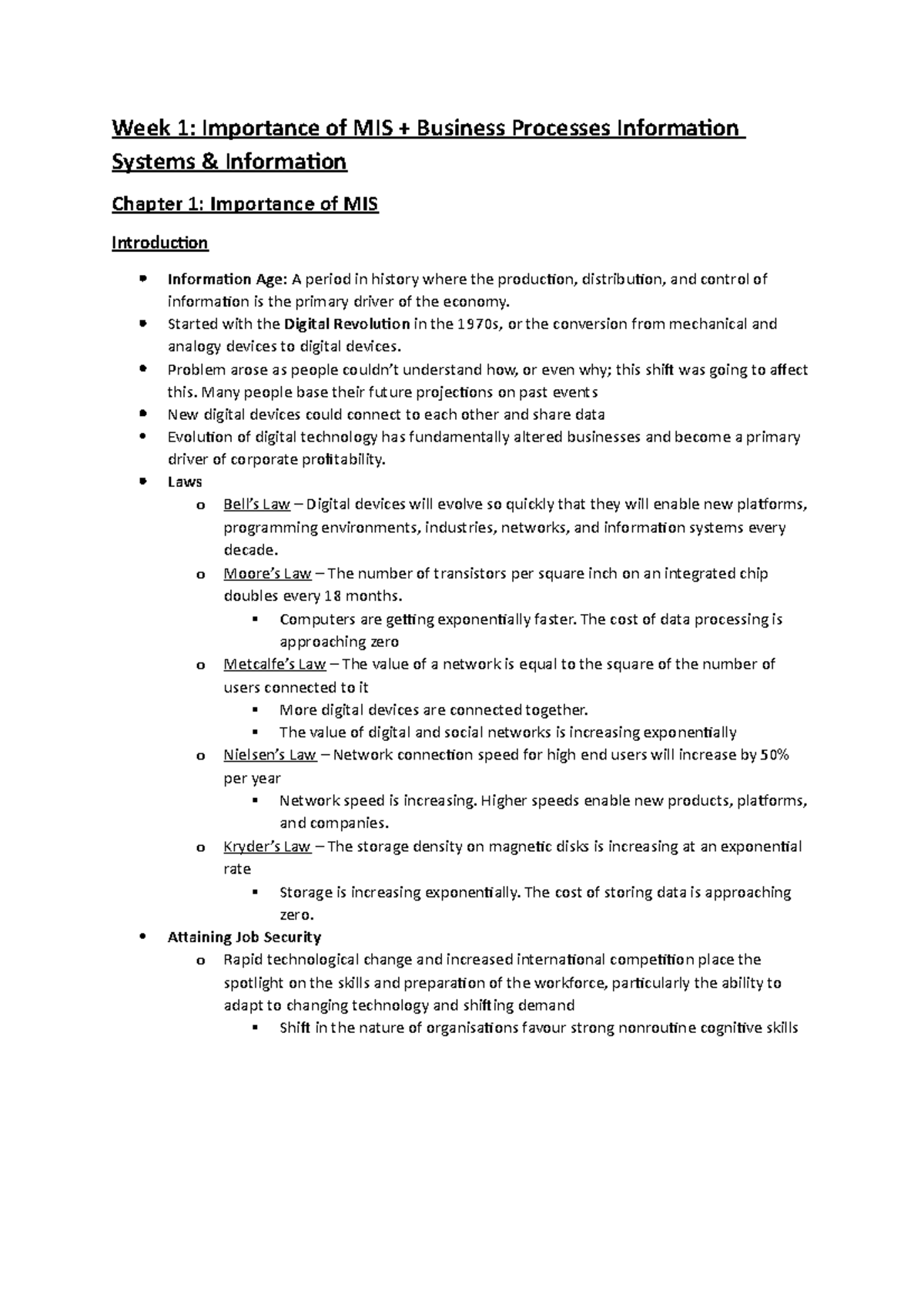 Week 1 & 2 Importance of MIS + Business Processes Information Systems ...