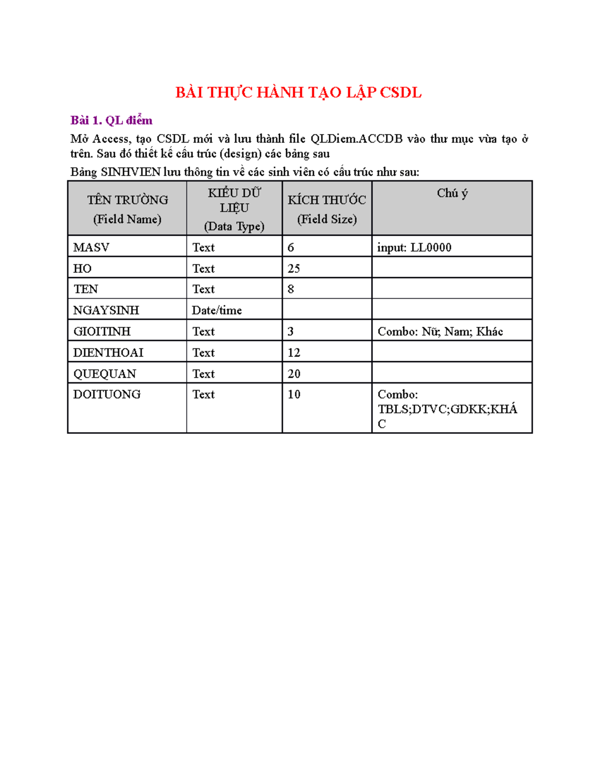 BÀI THỰC HÀNH TẠO LẬP CSDL 12 - QL điểm Mở Access, tạo CSDL mới và lưu ...