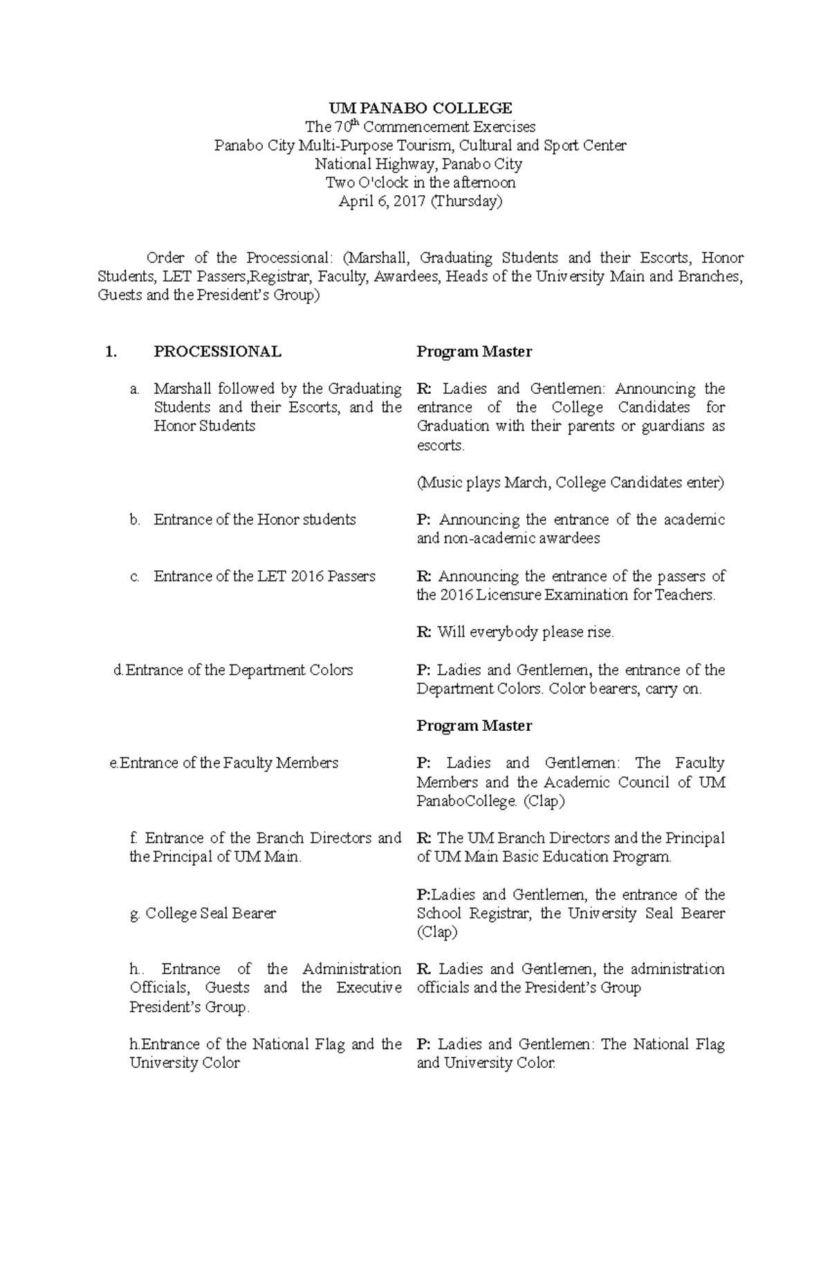 Commencement 70TH - fhbn - UM PANABO COLLEGE The 70th Commencement ...