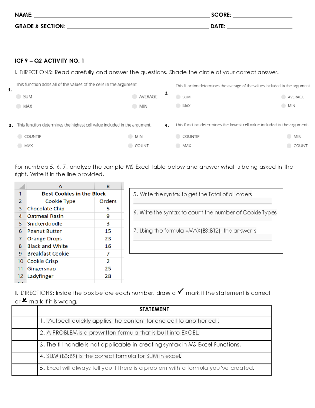 ICF 9 - Q3 Activity NO. 5 - microsoft excel - NAME: - Studocu