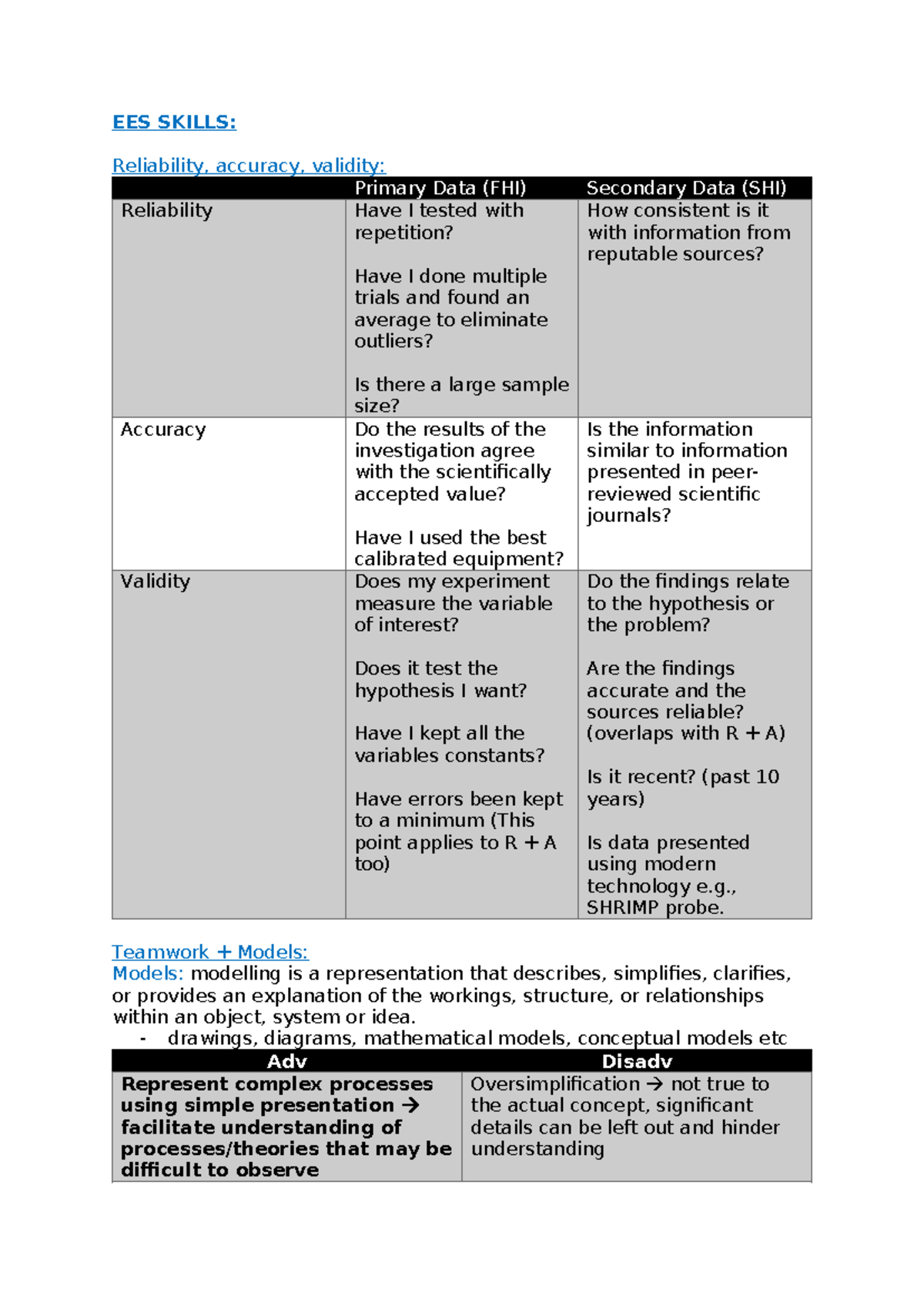 EES Skills - notes ees - EES SKILLS: Reliability, accuracy, validity ...
