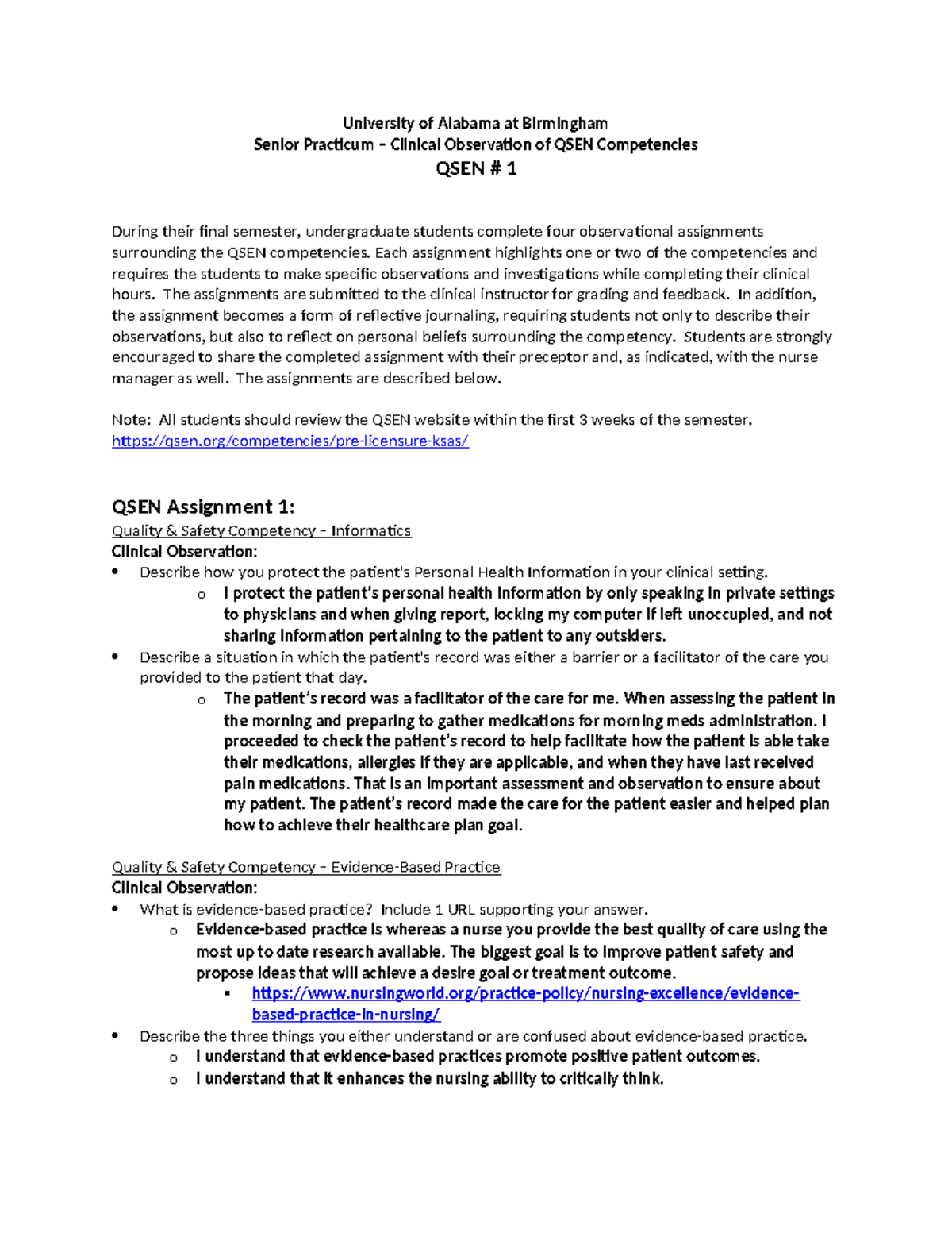 QSEN assignment - University of Alabama at Birmingham Senior Practicum ...