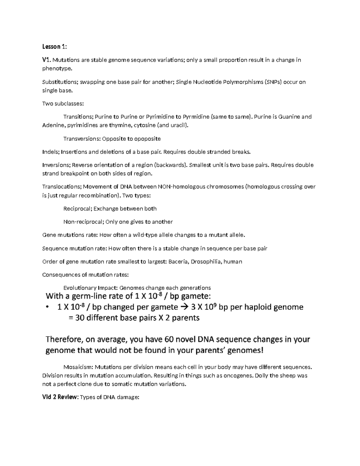 Weeks 1-5 Some notes - Lesson 1: V1. Mutations are stable genome ...