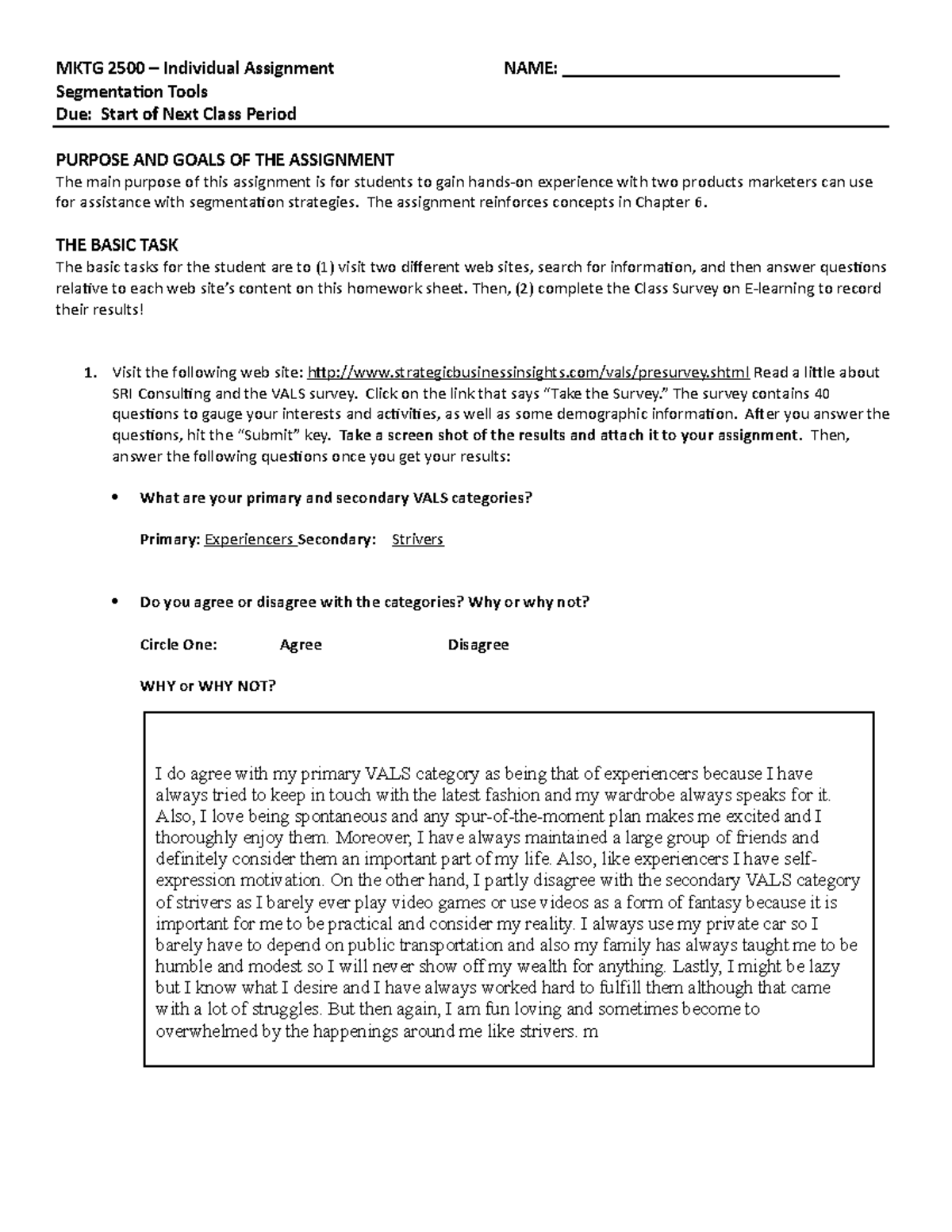 VALS and Prizm assignment - MKTG 2500 – Individual Assignment ...