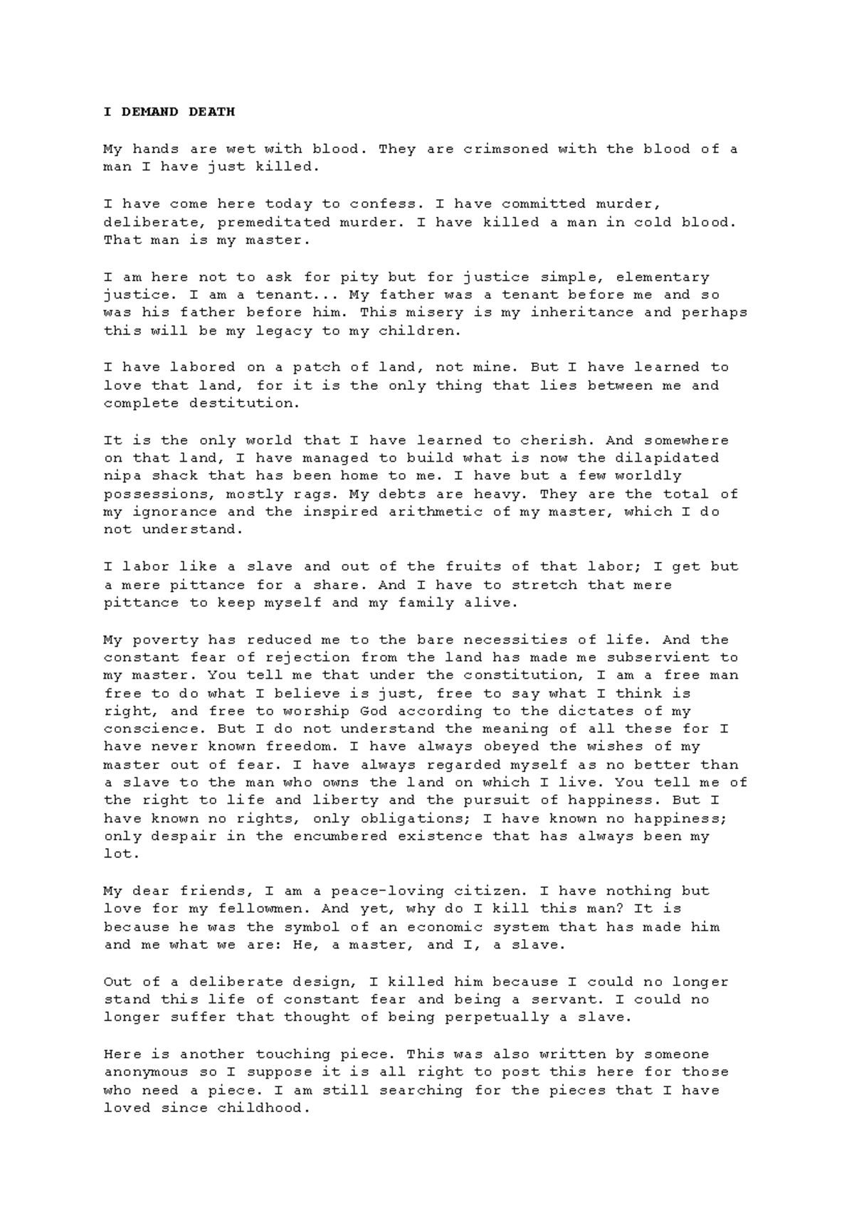 Declamation Piece - For reference only - I DEMAND DEATH My hands are ...