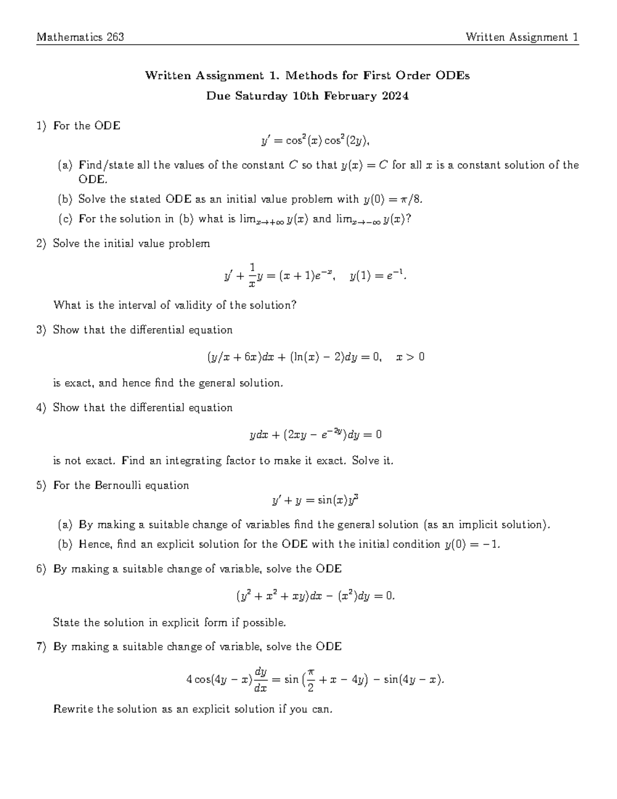 Assignment materials 1 - Mathematics 263 Written Assignment 1 Written ...
