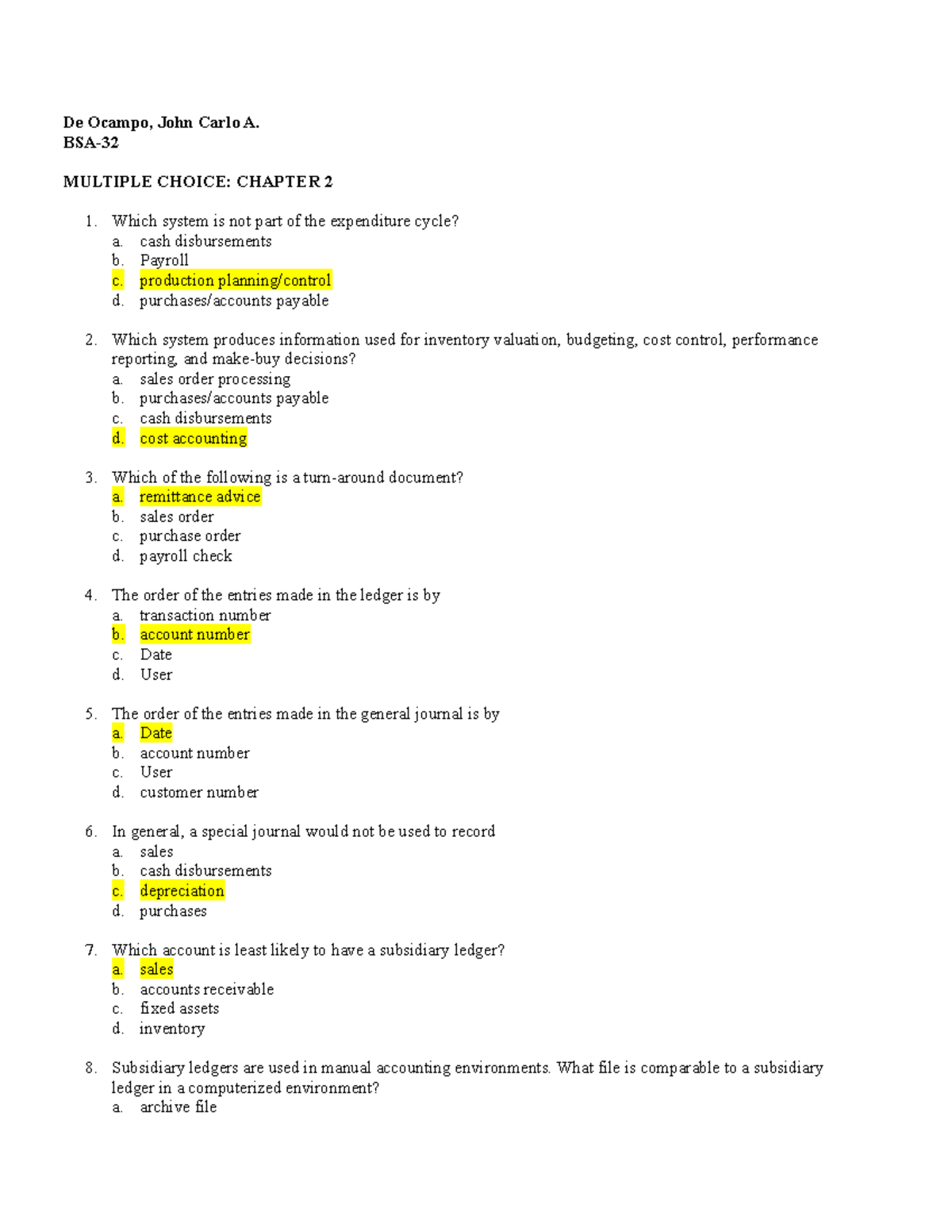 (AIS- Chapter 2-QUIZ ) - De Ocampo, John Carlo A. BSA- MULTIPLE CHOICE: CHAPTER 2 Which system ...