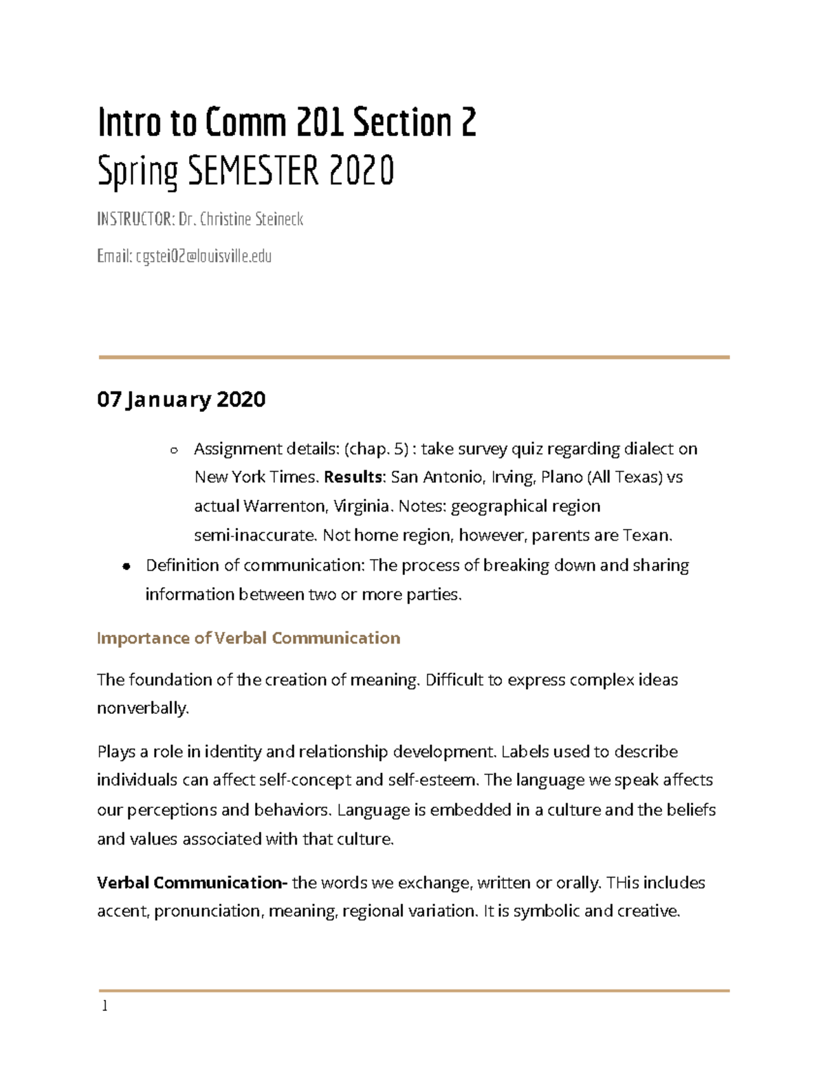 Communications Notes - Intro to Comm 201 Section 2 Spring SEMESTER 2020 ...