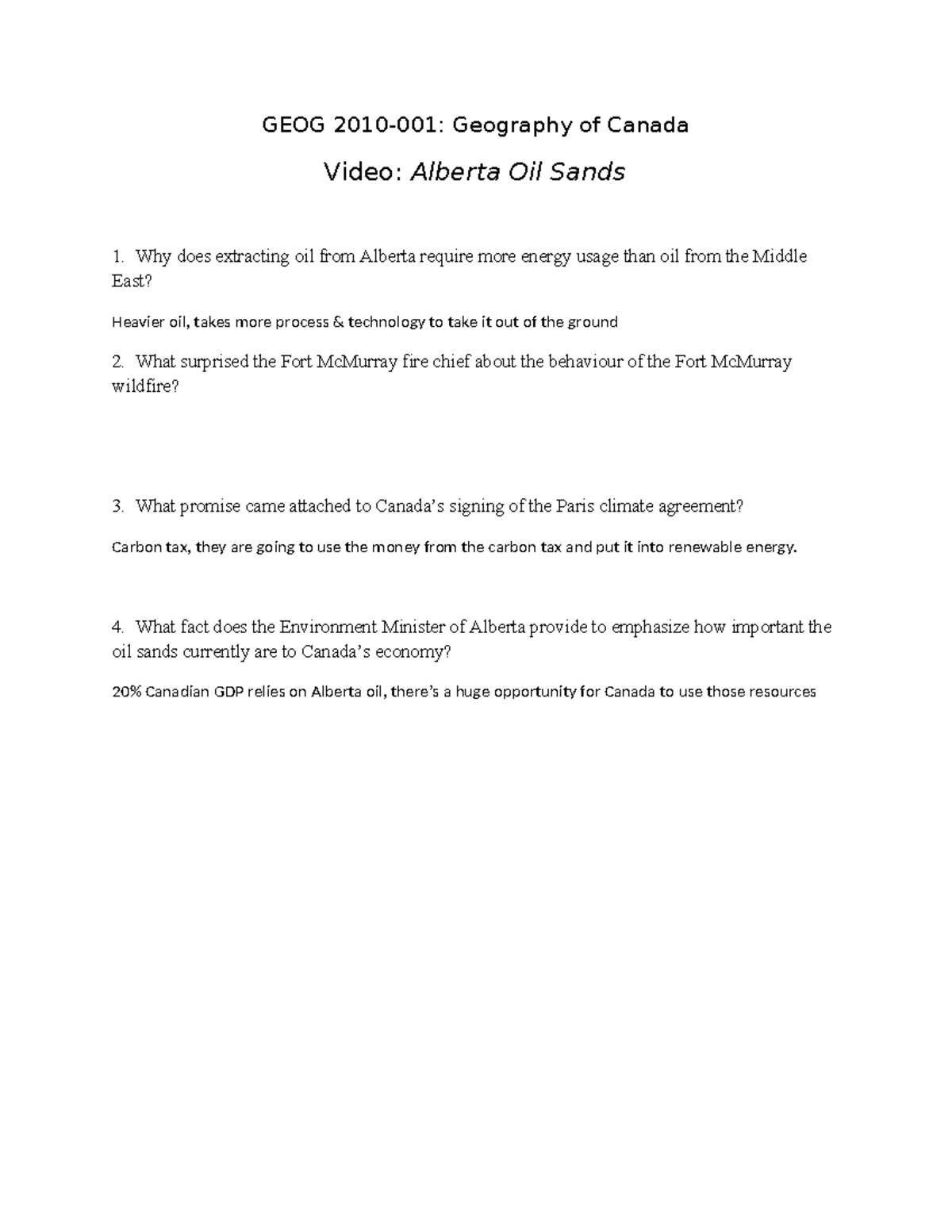 Video Questions - Alberta Oil Sands - GEOG 2010-001: Geography of ...