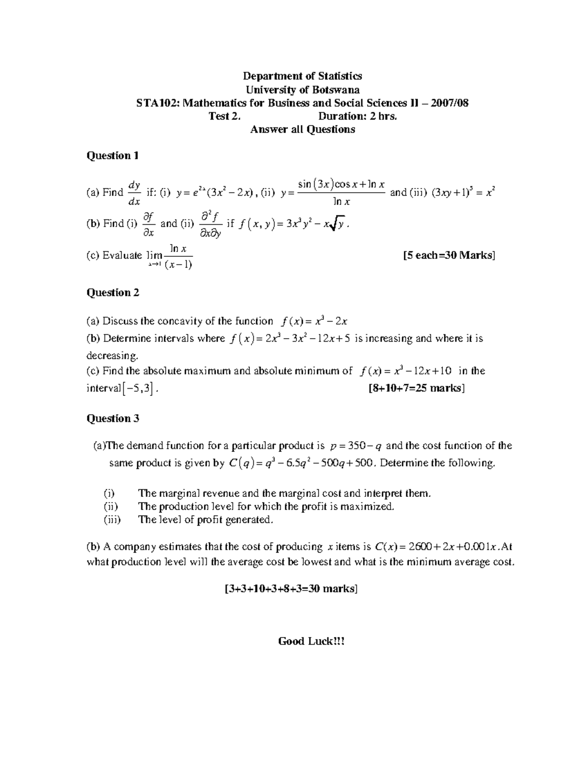 Test-2 STA 102-2007 8 - revision material - Department of Statistics ...