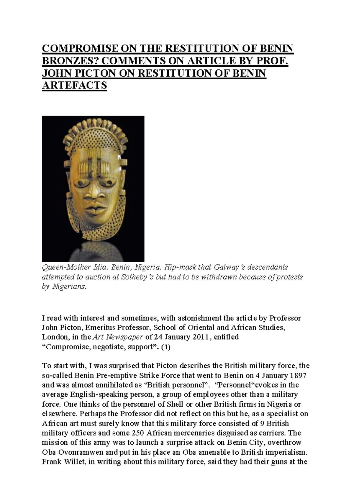 Compromise on Restitution of Benin Bronzes - COMPROMISE ON THE ...