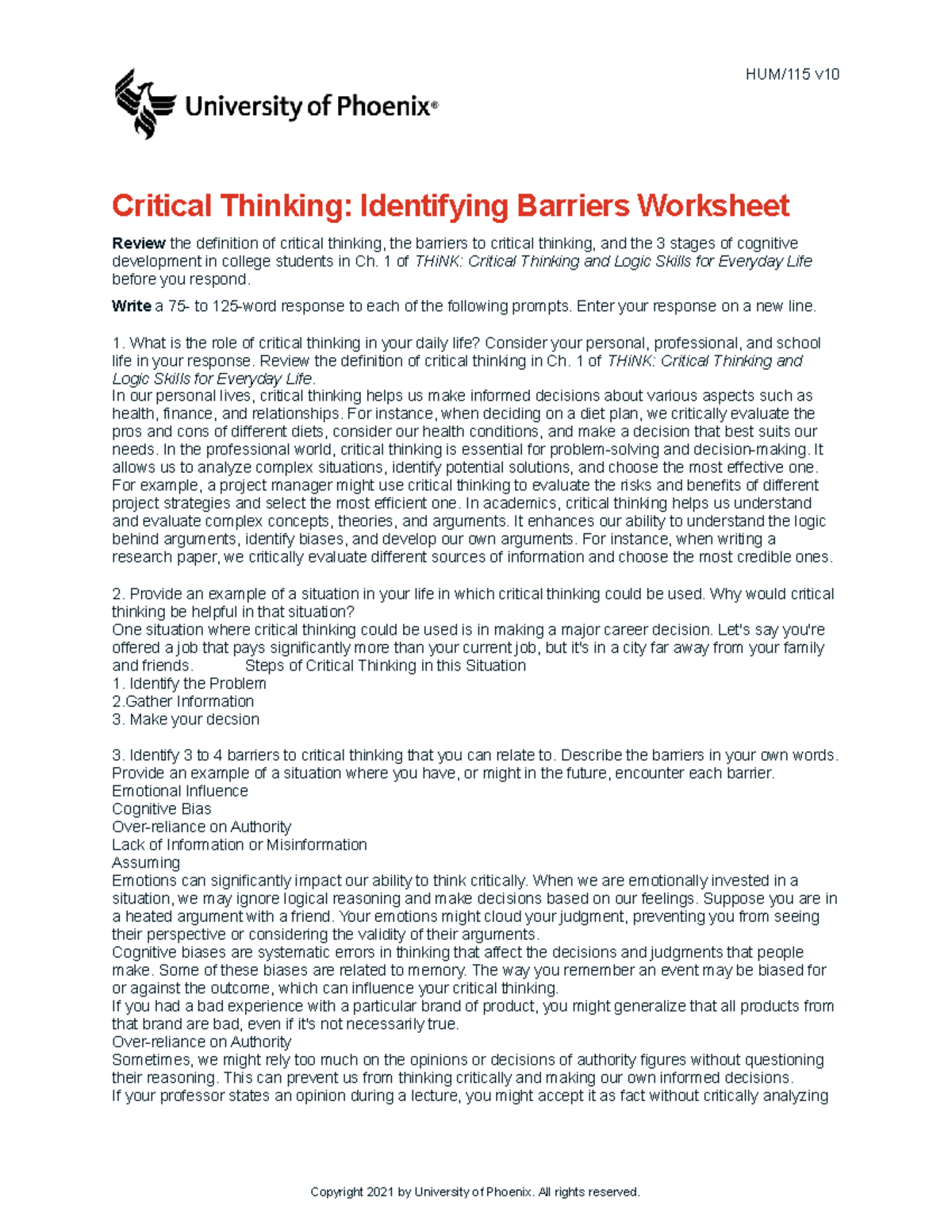 Hum115 v10 wk1 critical thinking identifying barriers worksheet - HUM ...