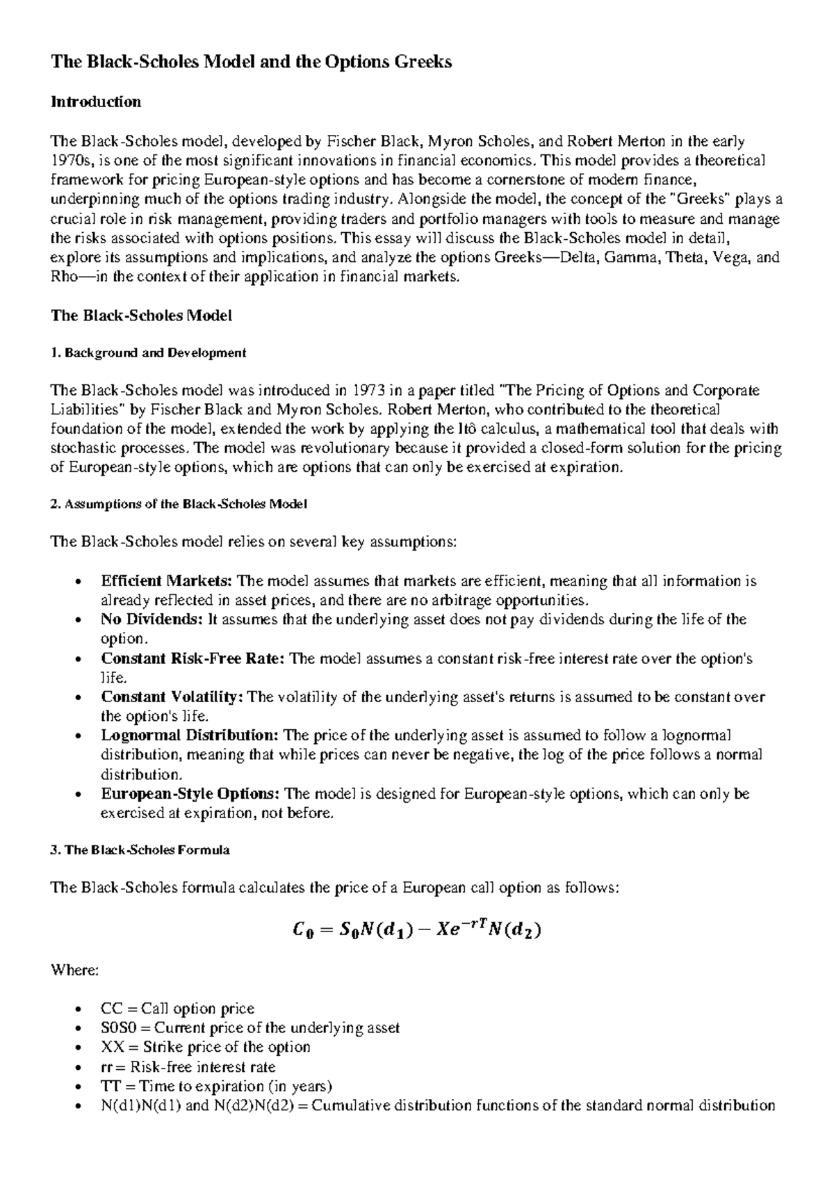 Black scholes notes - The Black-Scholes Model and the Options Greeks ...