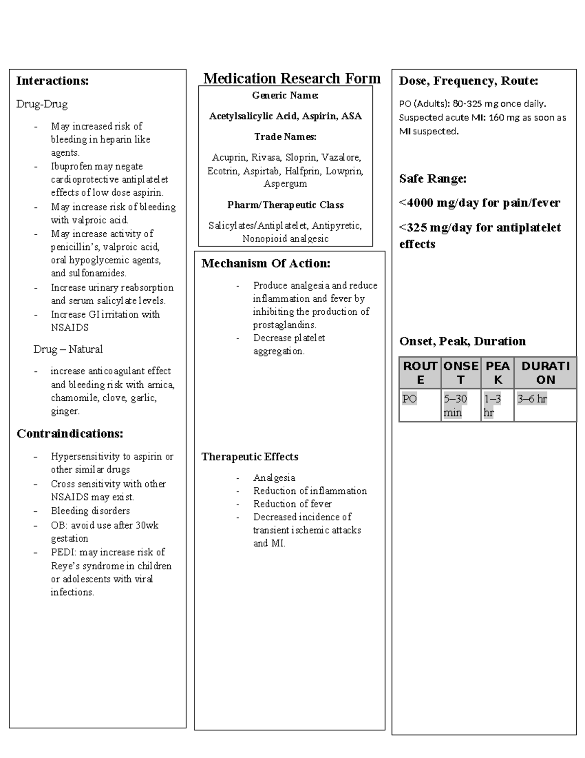 Acetylsalicylic Acid, Aspirin - Medication Research Form Generic Name ...