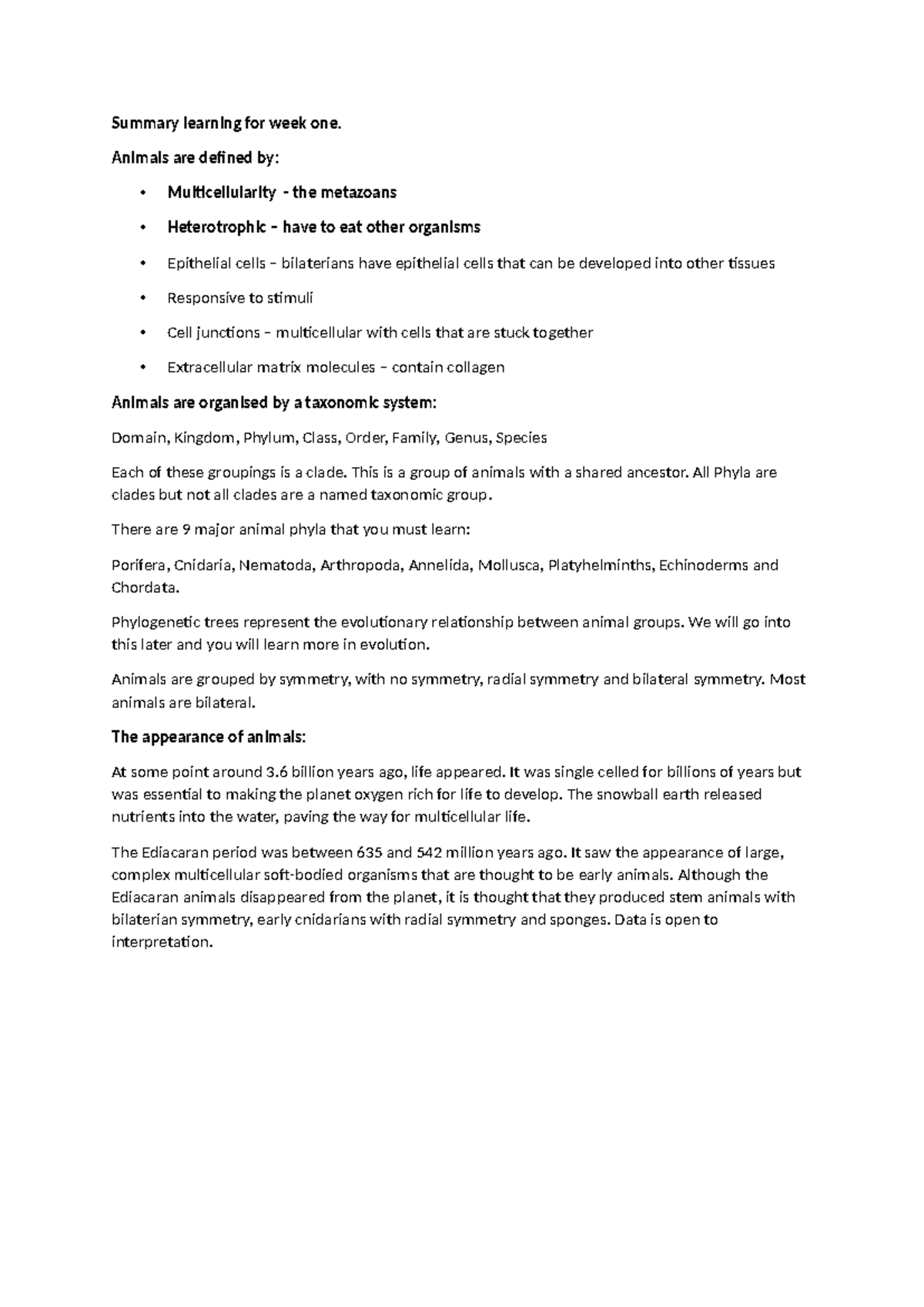 Week one summary - fadsf - Summary learning for week one. Animals are ...