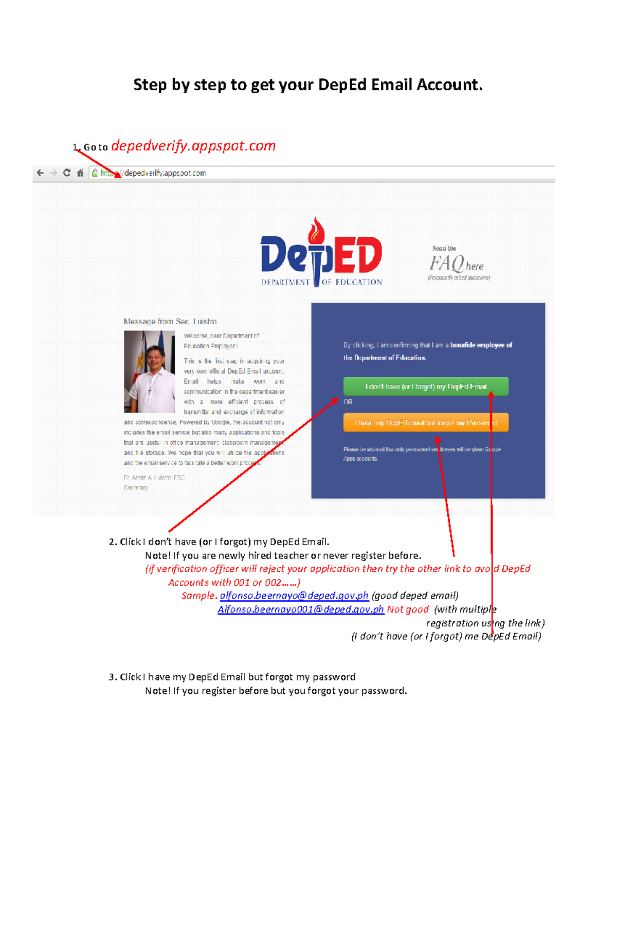 Step by step to get your Dep Ed Email Account - 1. Go to depedverify ...