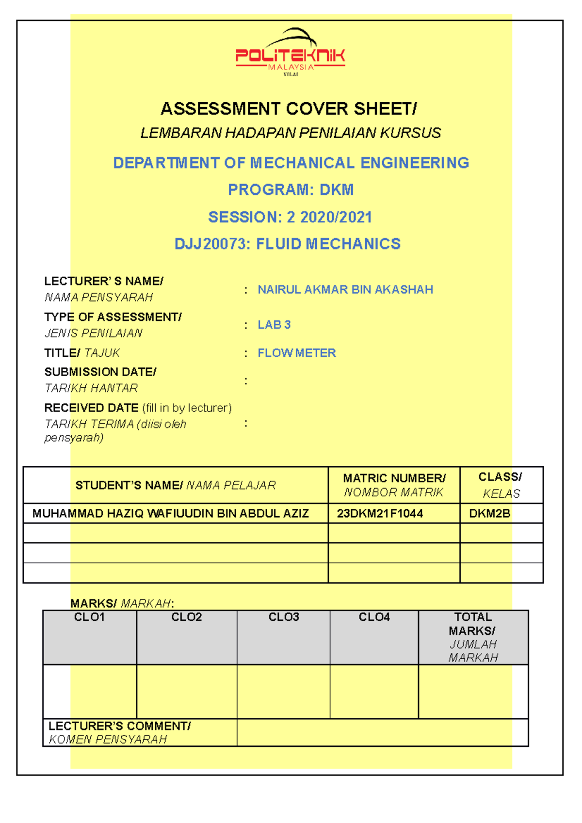 F1041 LAB 3 Fluid - Lab Report - ASSESSMENT COVER SHEET/ LEMBARAN ...