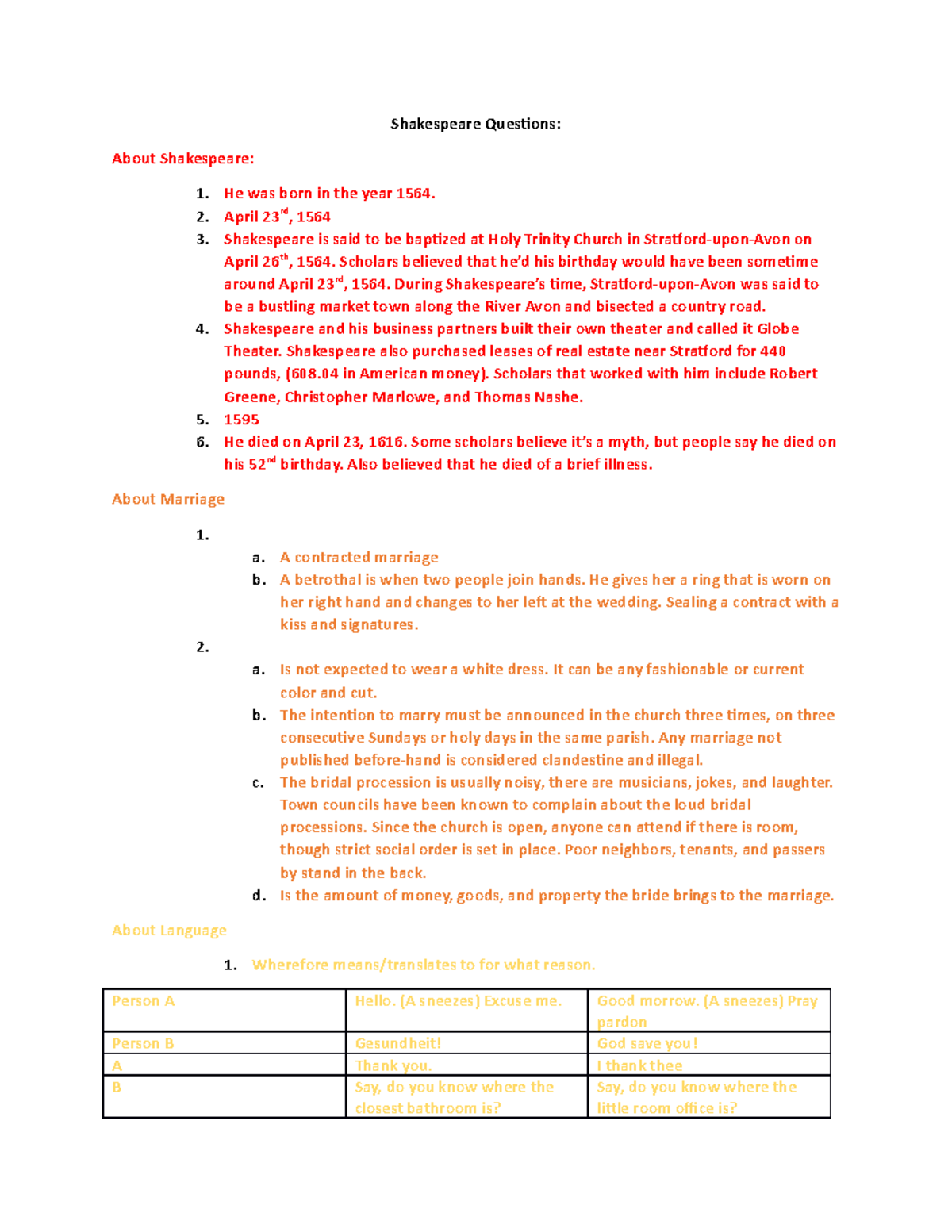 Shakespeare Questions - Shakespeare Questions: About Shakespeare: He ...