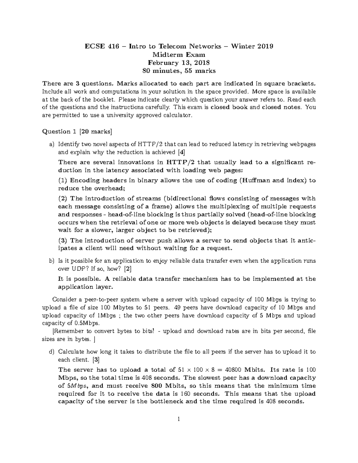 Midterm 1 solutions - ECSE 416 – Intro to Telecom Networks – Winter 2019 Midterm Exam February ...