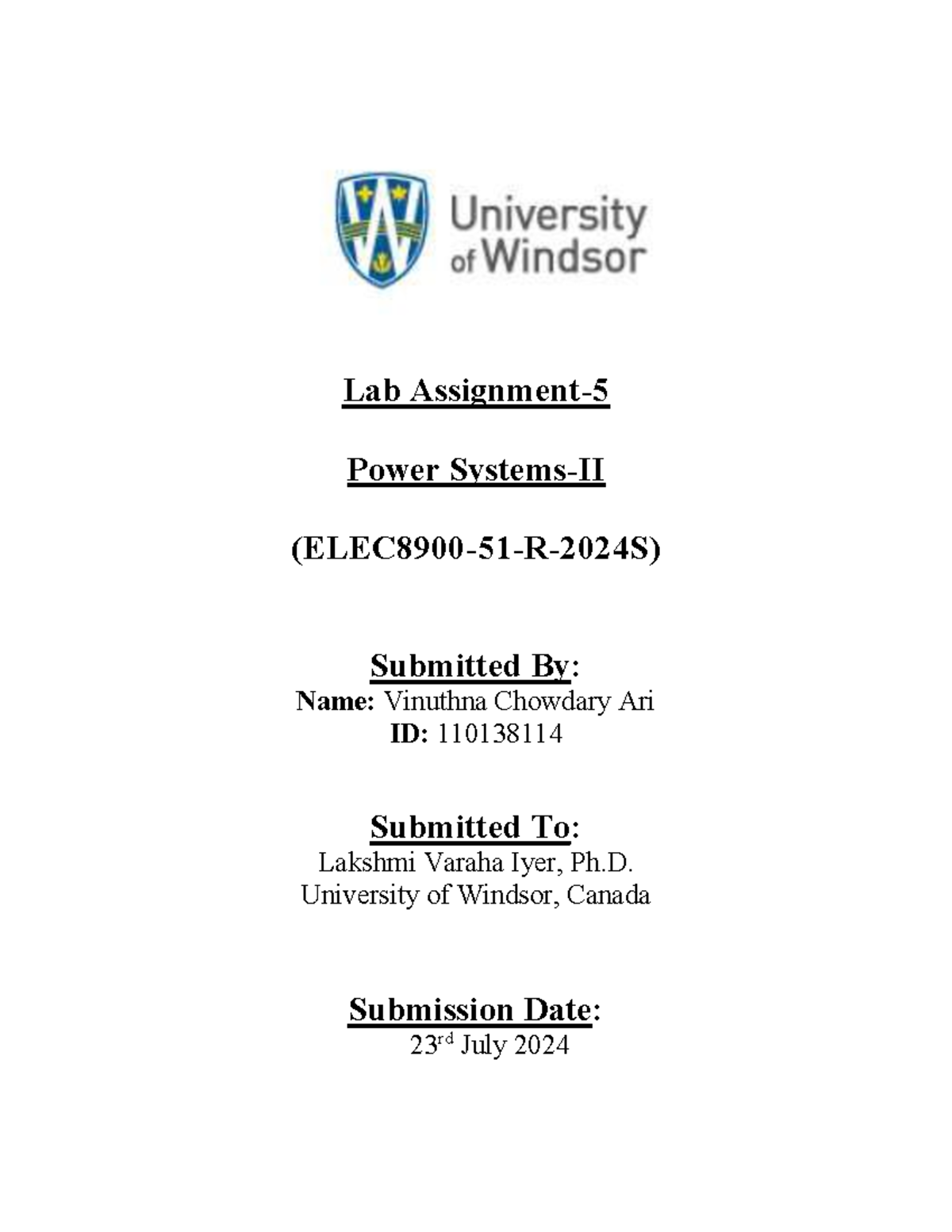 PS2 L5 - Lab Assignment - Lab Assignment- 5 Power Systems-II (ELEC8900- 51 - R-2024S) Submitted ...