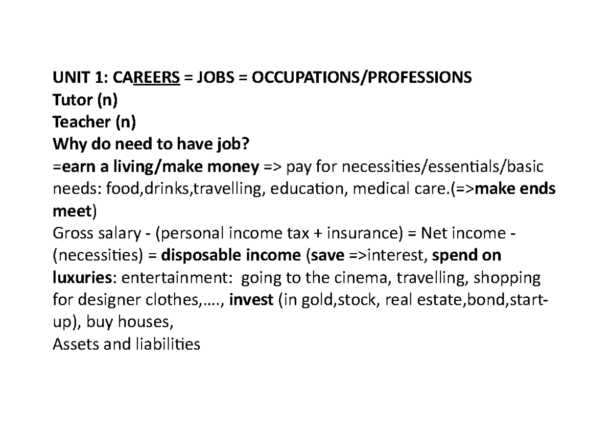 Session 1 - UNIT 1: CAREERS = JOBS = OCCUPATIONS/PROFESSIONS Tutor (n ...