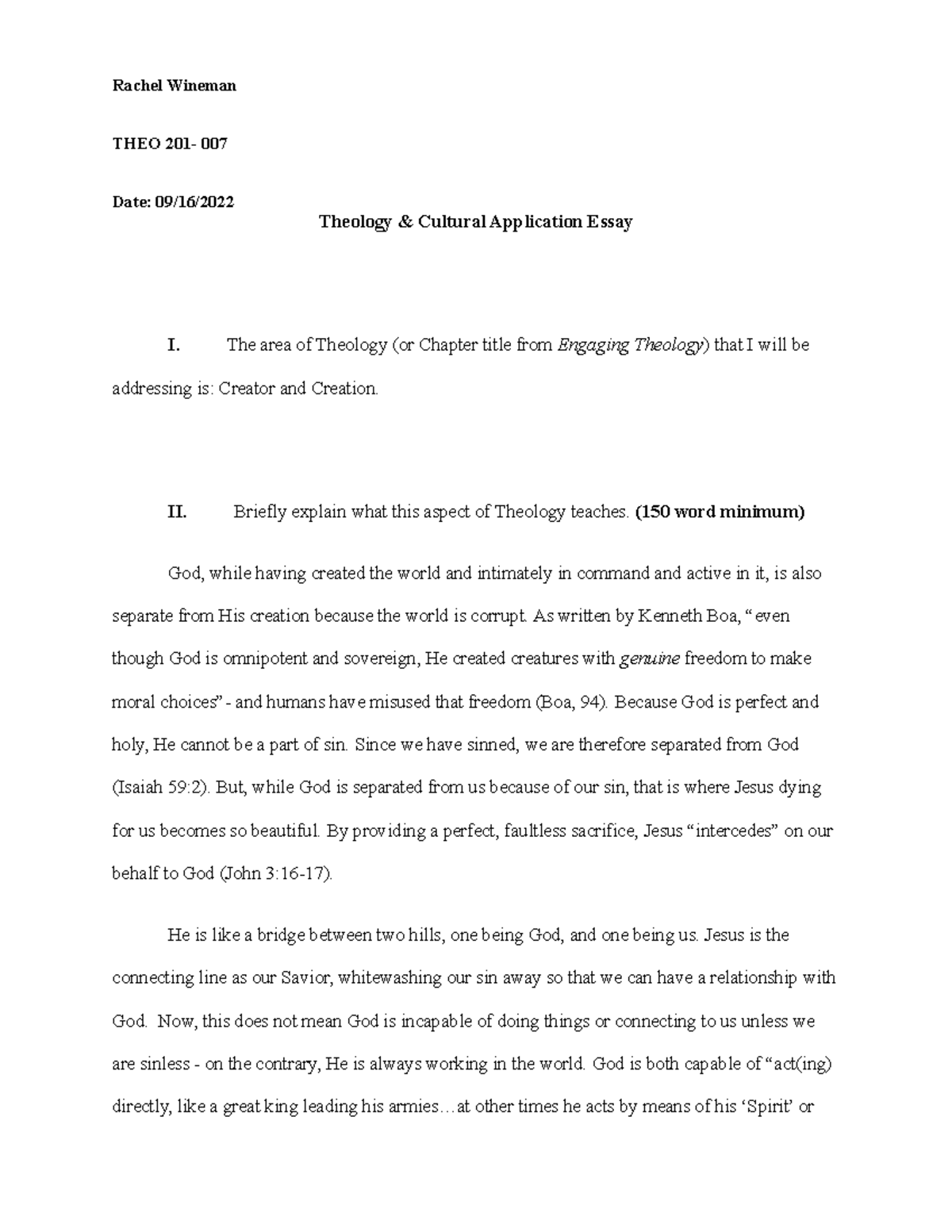 Theology Essay 1 - Rachel Wineman THEO 201- 007 Date: 09/16/2022 ...