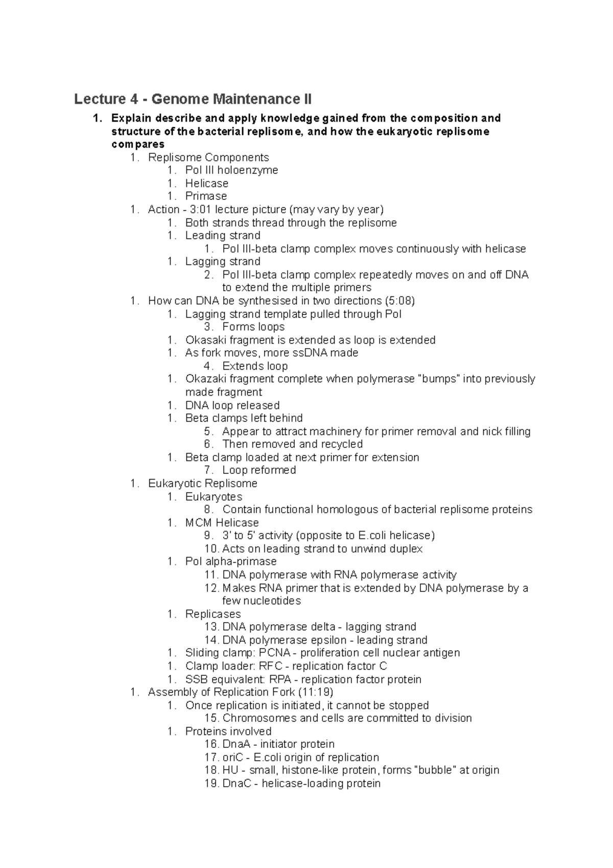 BIOC3001 Lectrure 4 Learning Outcomes - Lecture 4 - Genome Maintenance ...
