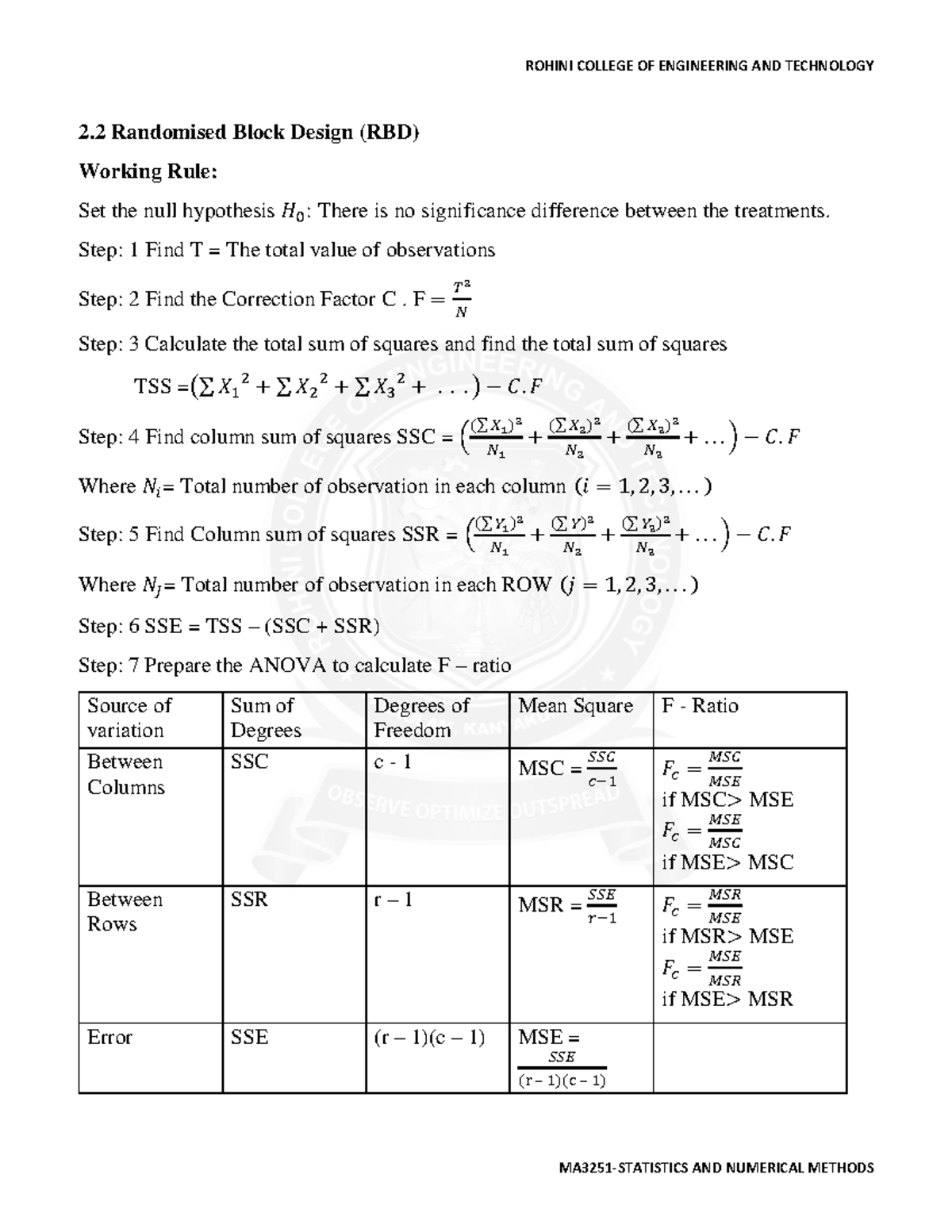 Rohini 65690336567 - Dheheheh - 2 Randomised Block Design (RBD) Working Rule: Set the null - Studocu