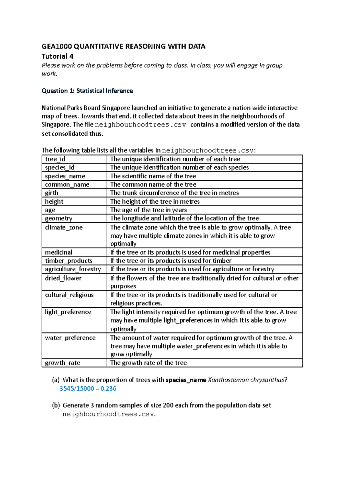 Tutorial 4 Gea1000 Quantitative Reasoning With Data Tutorial 4 Please Work On The Problems