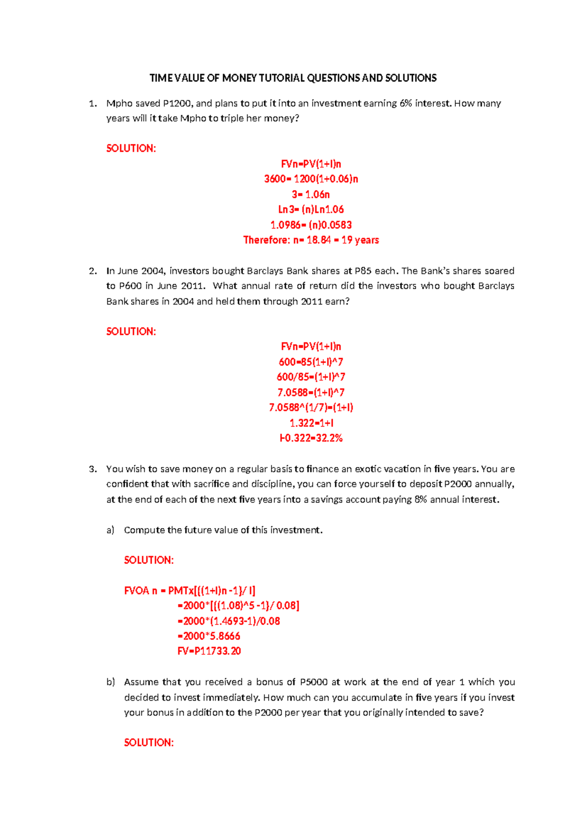 FIN 200 2016 -TIME Value OF Money Tutorial Questions AND Solutions - TIME VALUE OF MONEY ...