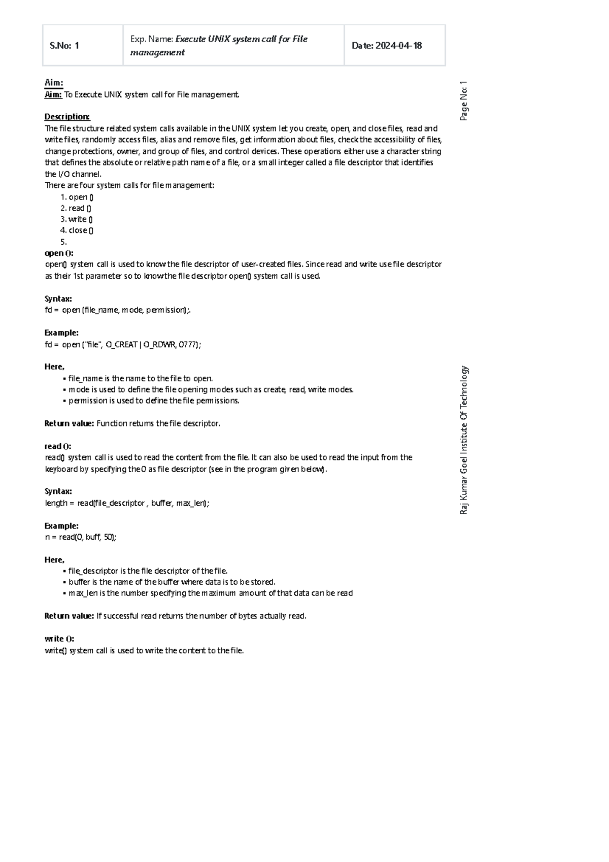 Os lab record - Coding - ID: 2200331540116 Page No: 1 Raj Kumar Goel ...