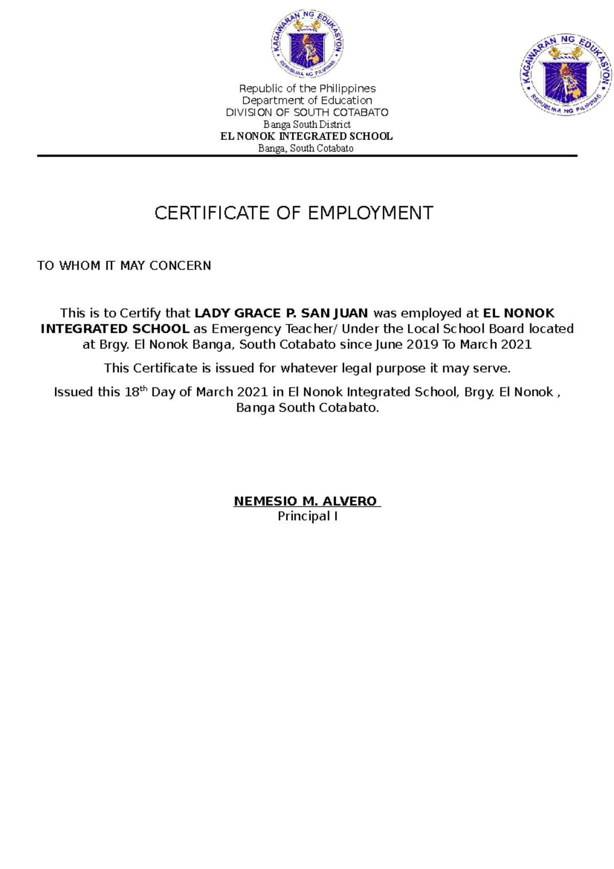 Employment Certificate - Republic of the Philippines Department of ...