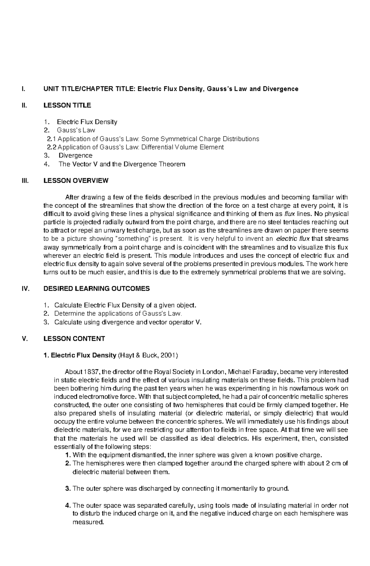 Electromagnetics - Lesson 5 - I. UNIT TITLE/CHAPTER TITLE: Electric ...