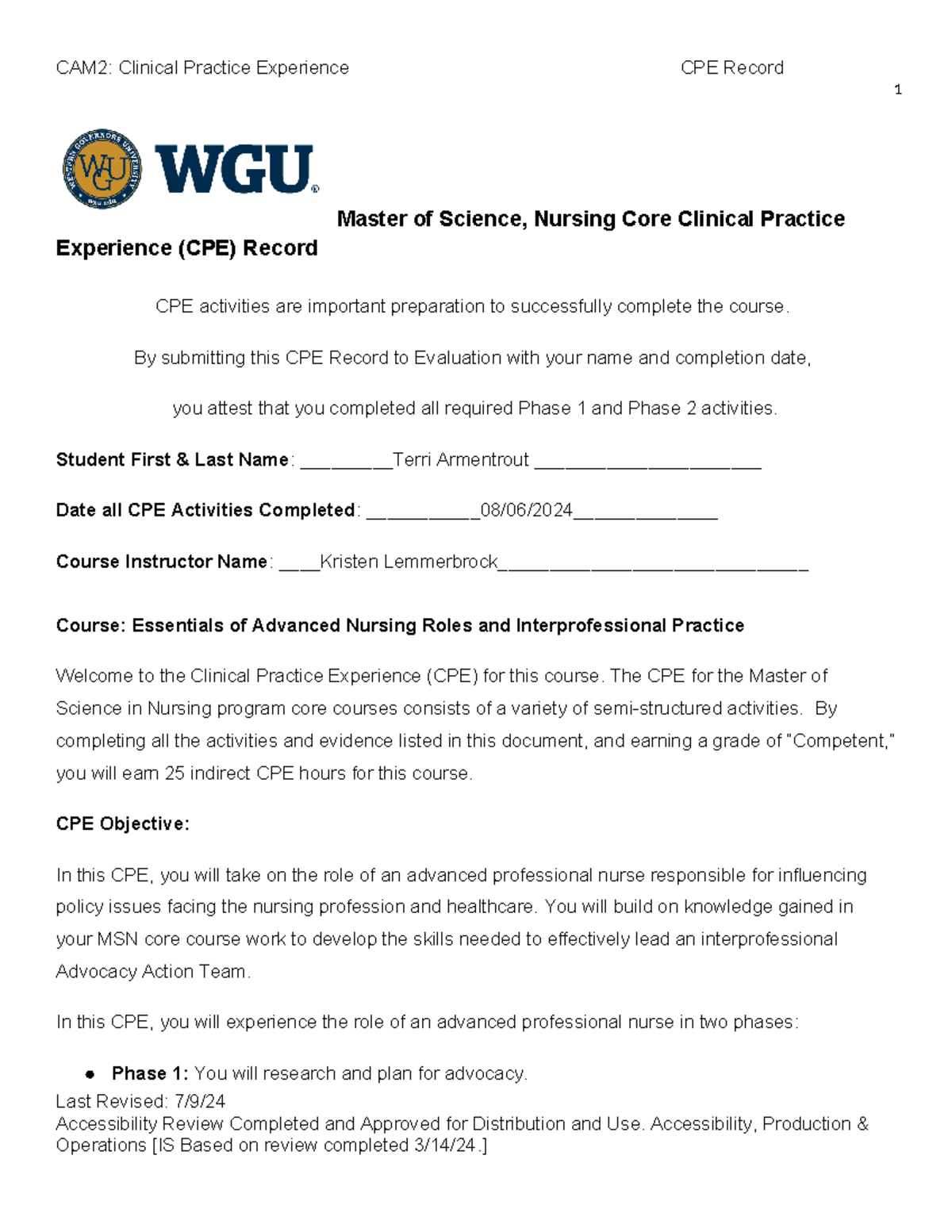 CPE Record D025 - CPE - 1 Master of Science, Nursing Core Clinical Practice Experience (CPE ...