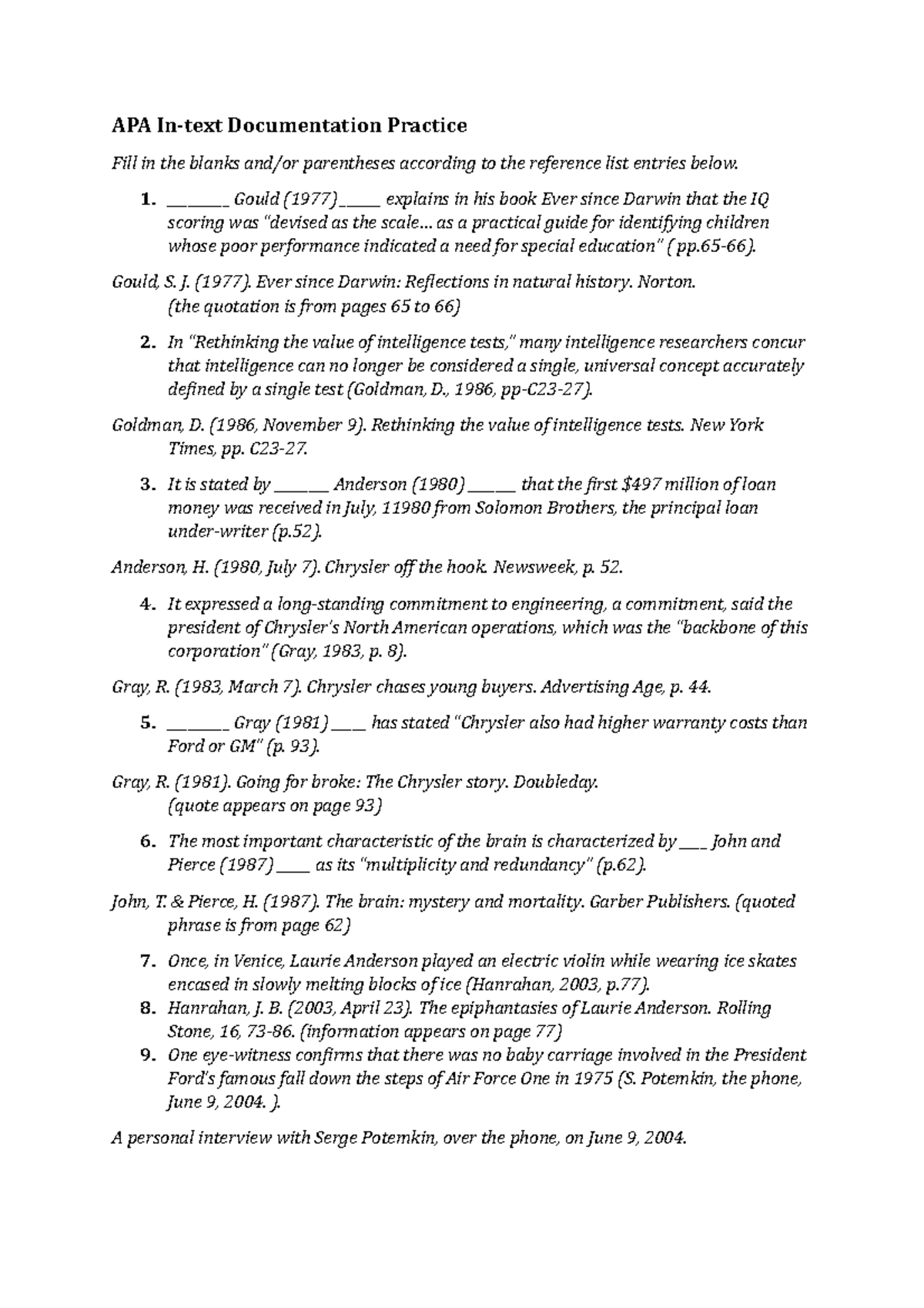 APA In-text Worksheet and APA Reference List 2020 Ans - APA In-text ...