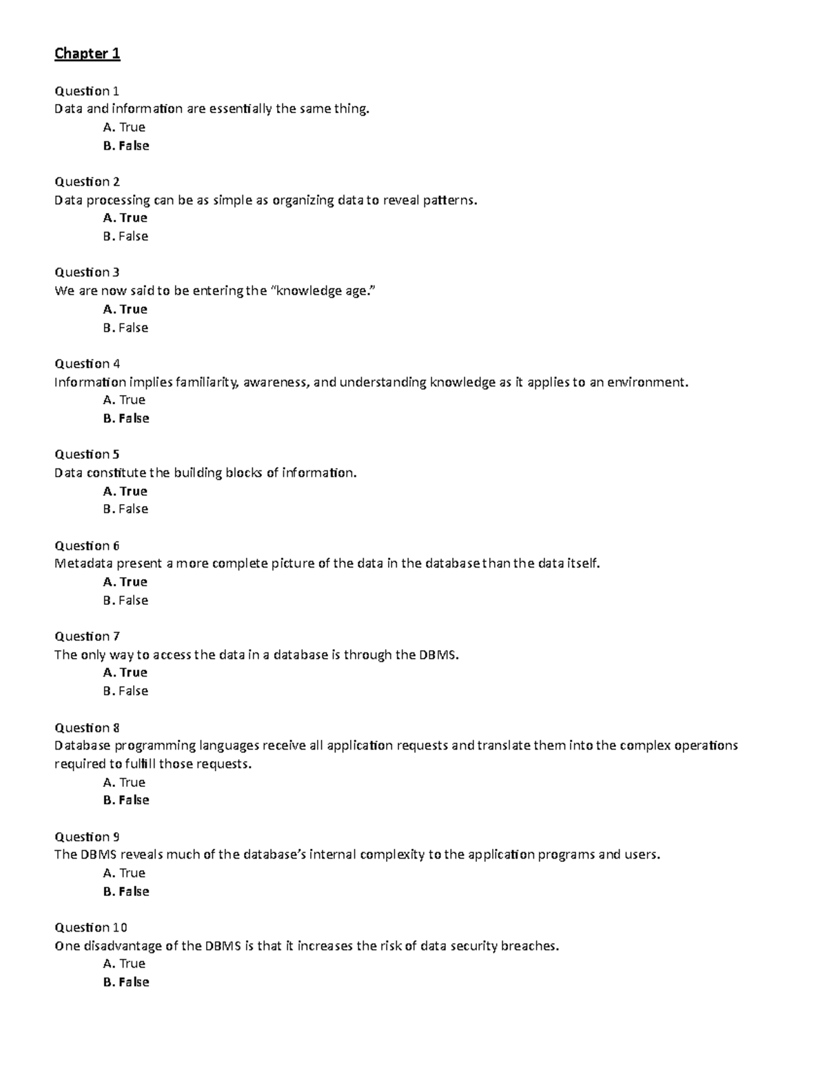 Inf2603 self assessments exam prep - Chapter 1 Question 1 Data and ...
