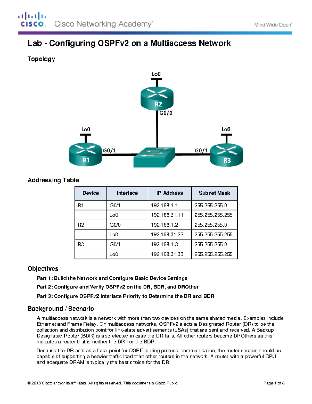 5.1.2.13 Lab - Configuring OSPFv 2 on a Multiaccess Network - Topology Addressing Table Device ...