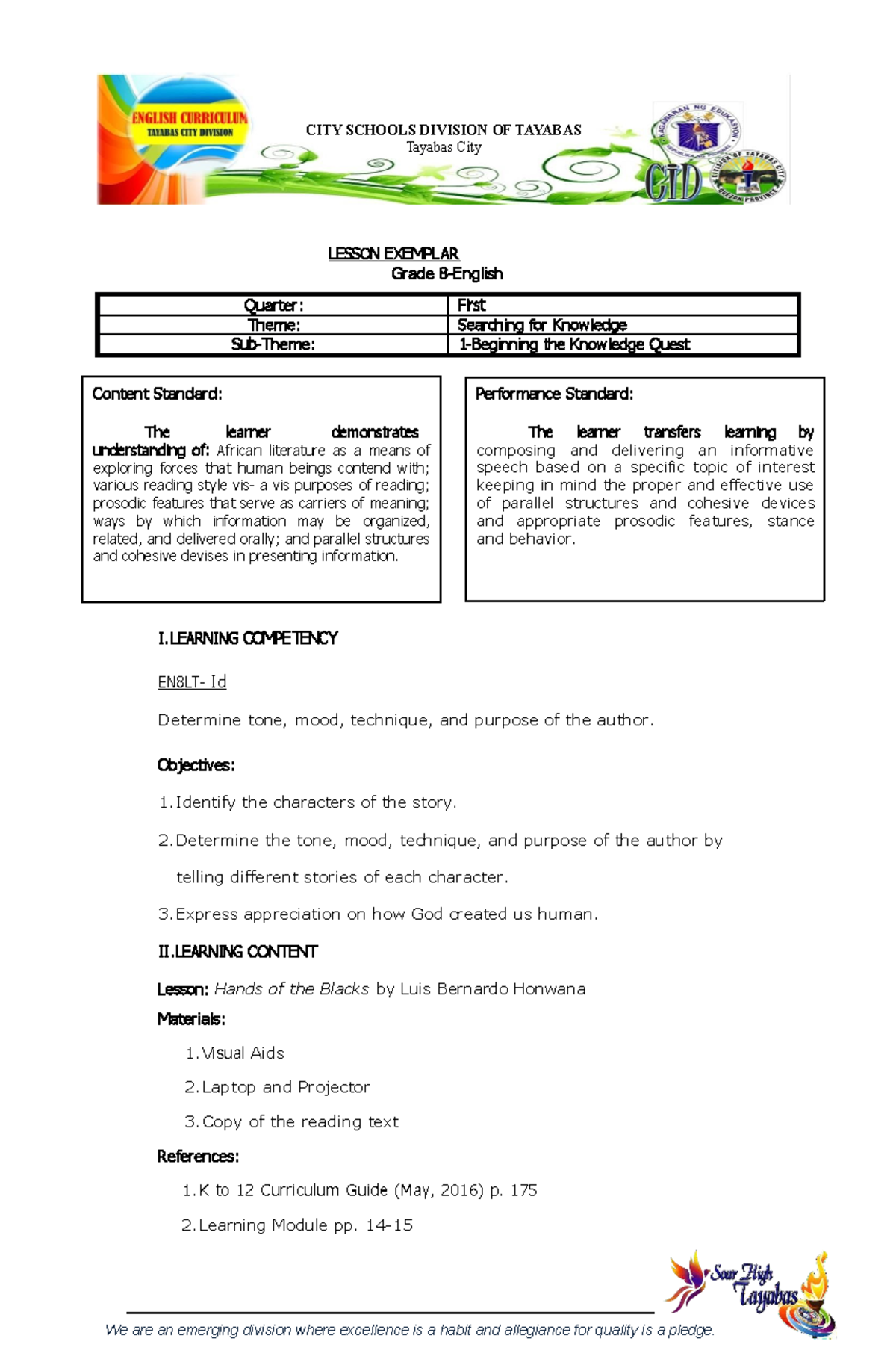 G8 English Lesson Exemplar 1st Quarter - Content Standard: The learner ...