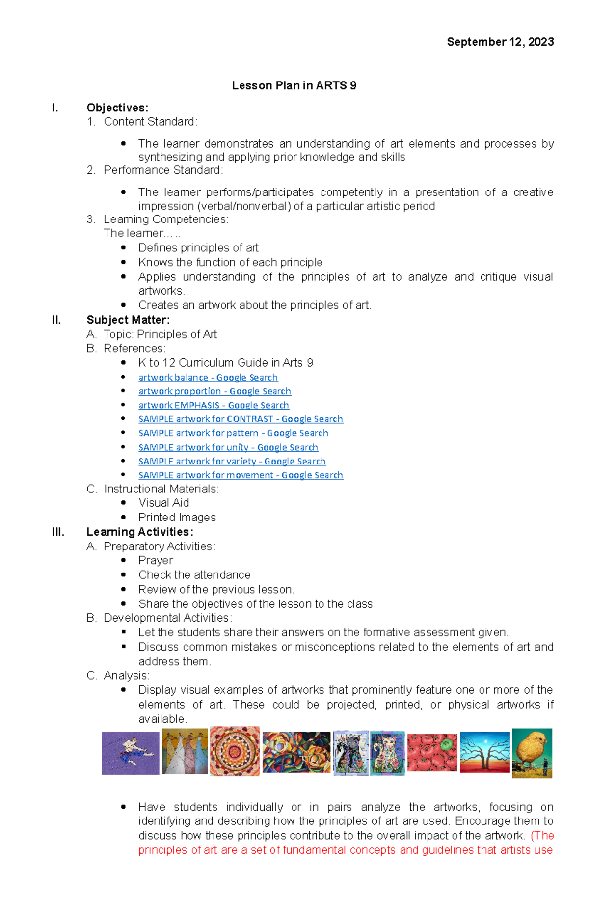 Lesson Plan in ARTS 9 - Principles OF ART 2 - September 12, 2023 Lesson ...